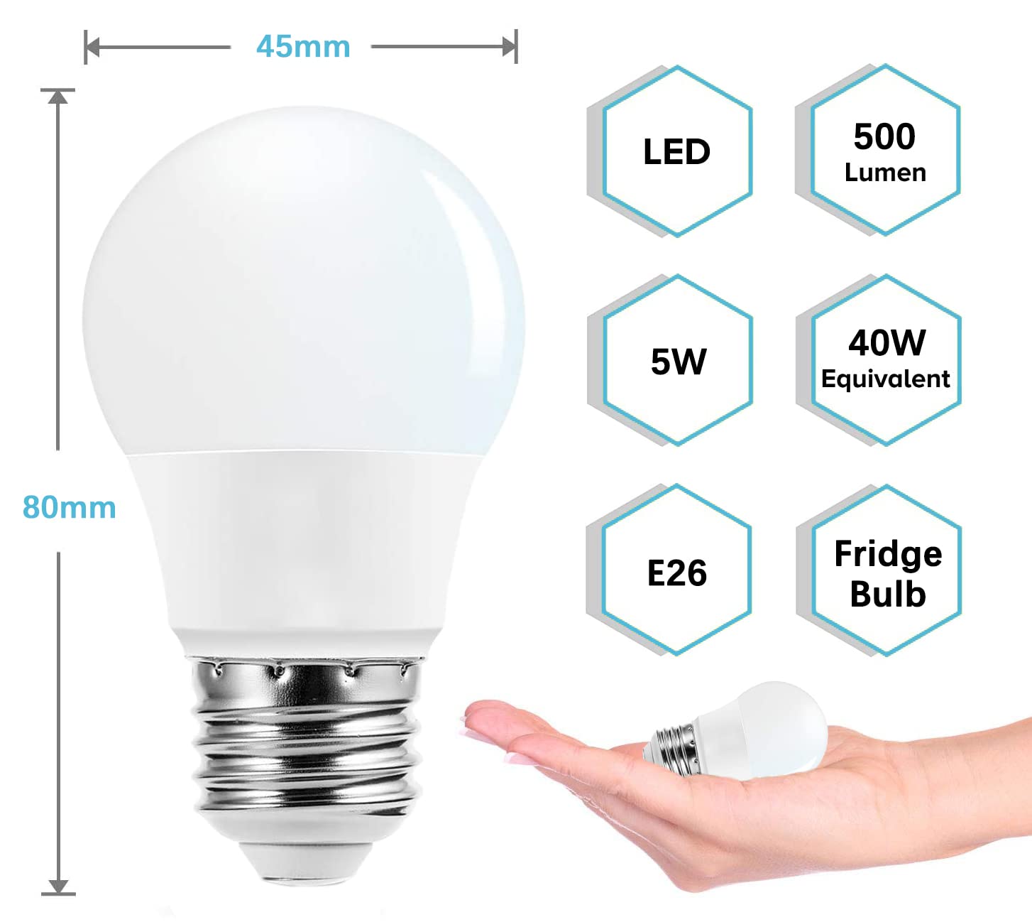 Tonitre LED Refrigerator Light Bulb 40 Watt Equivalent, 5W A15 Fridge Waterproof Bulbs 120V, Daylight White 5000K E26 Base Appliance Bulb Freezer Ceiling Home Lamp, 500LM, IP54, Non-dimmable, 2 Pack