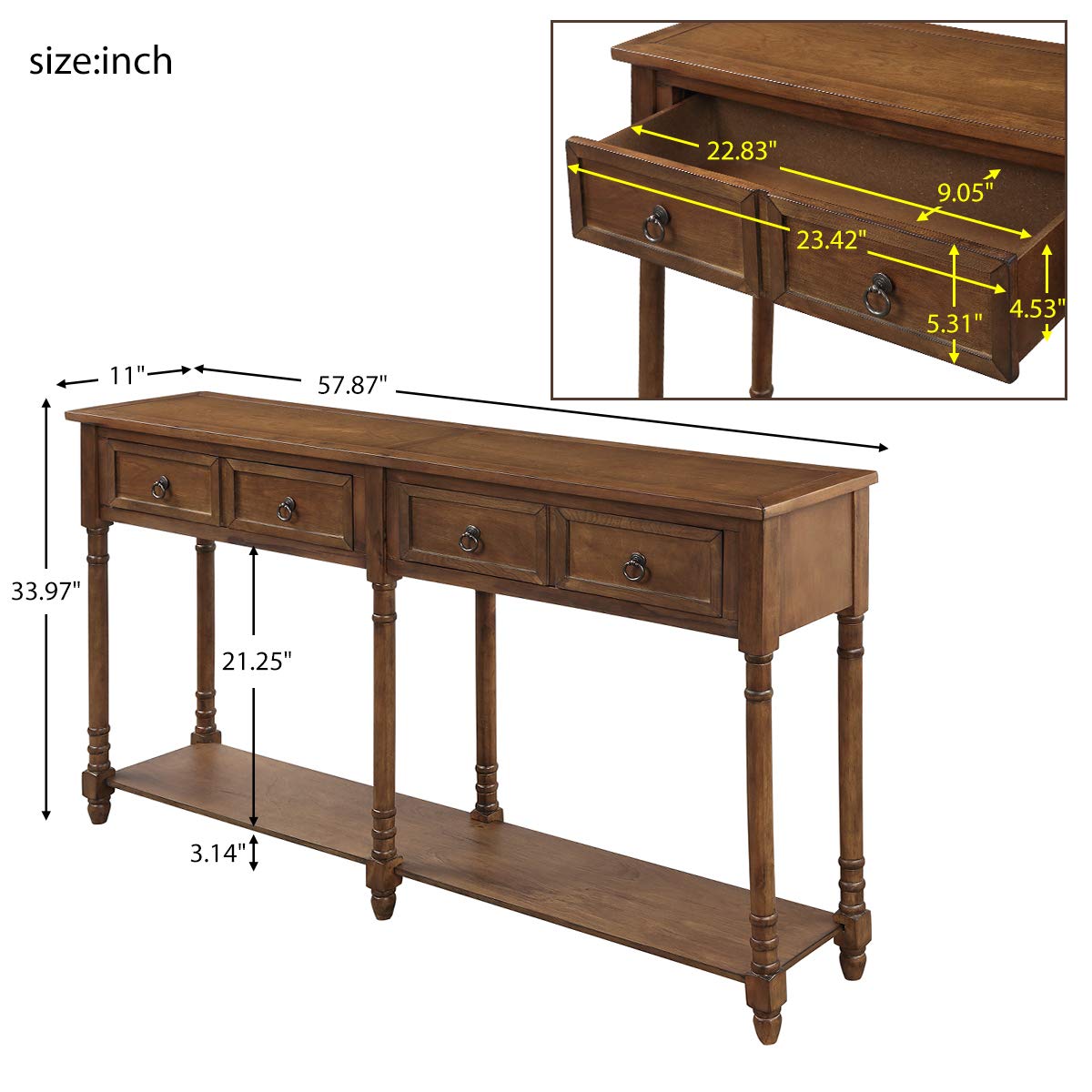 Solid Wood Console Table Sideboard with Drawers & Botton Storage Shelf, Modern Rectangular Sofa Table for Entryway Hallway Living Room, Rustic Narrow Entryway Table End Table for Home Office (Walnut)