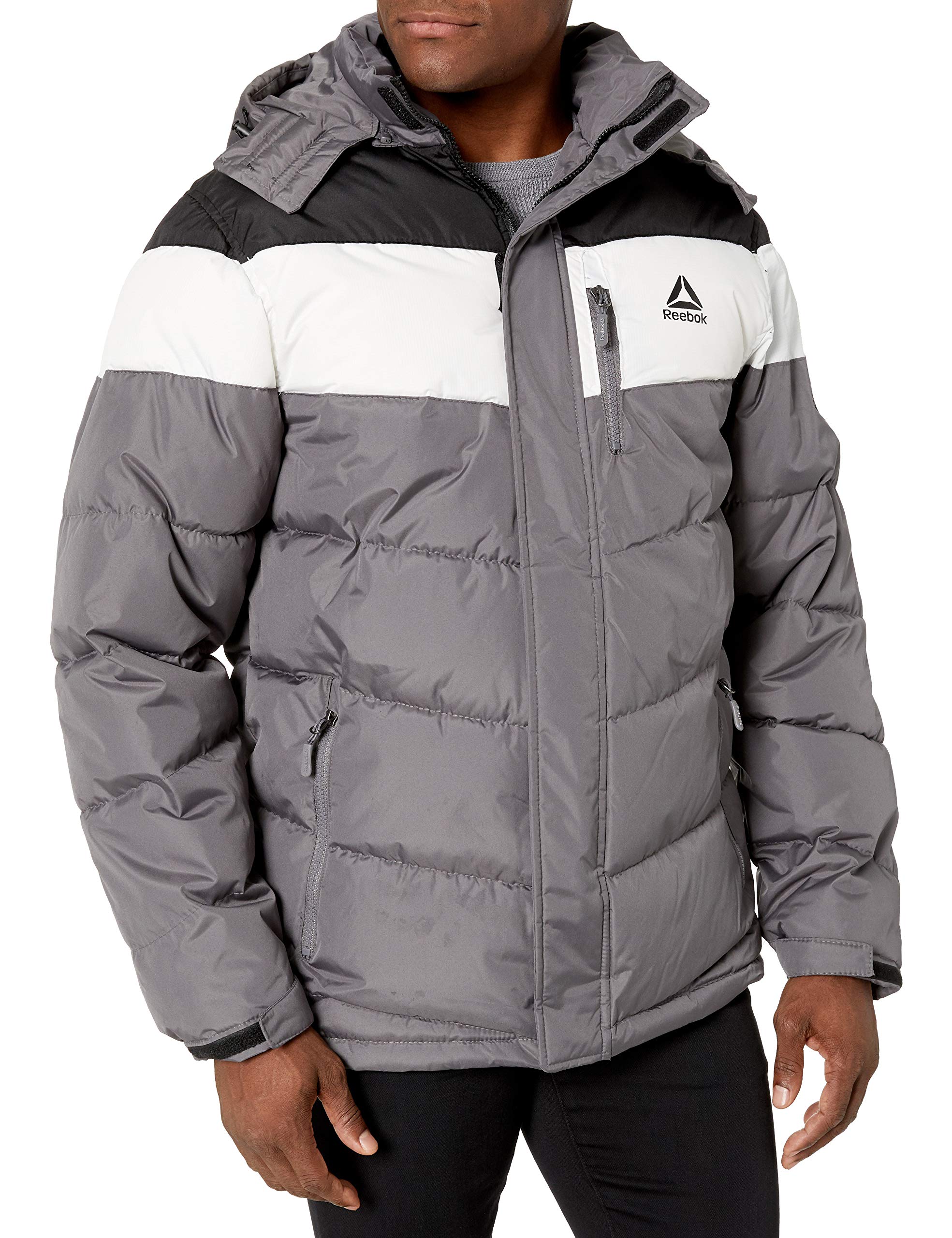 Reebok Men's Heavy Weight Hooded Bubble Jacket, Power Black/White/mid Grey, X-Large