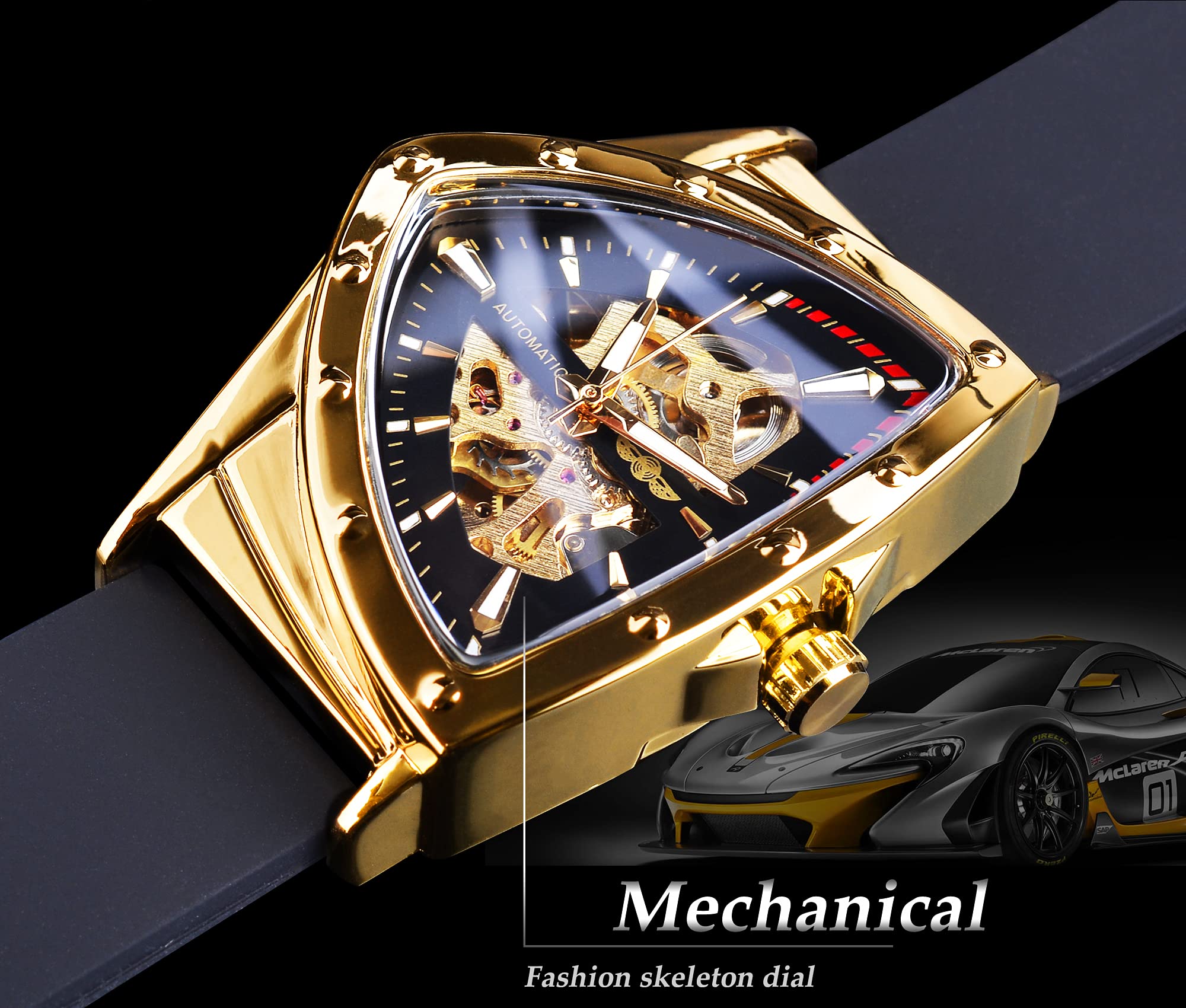 Winner Transparent Man Mechanical Watches Skeleton Dial Triangle Wrist Watch Silicone Strap Military Watch Punk Reloj Hombre