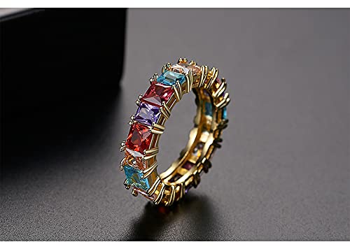 TEEMI-18K Gold Plated Cubic Zirconia Emerald Cut Multicolor Rainbow Eternity Ring Band (8)
