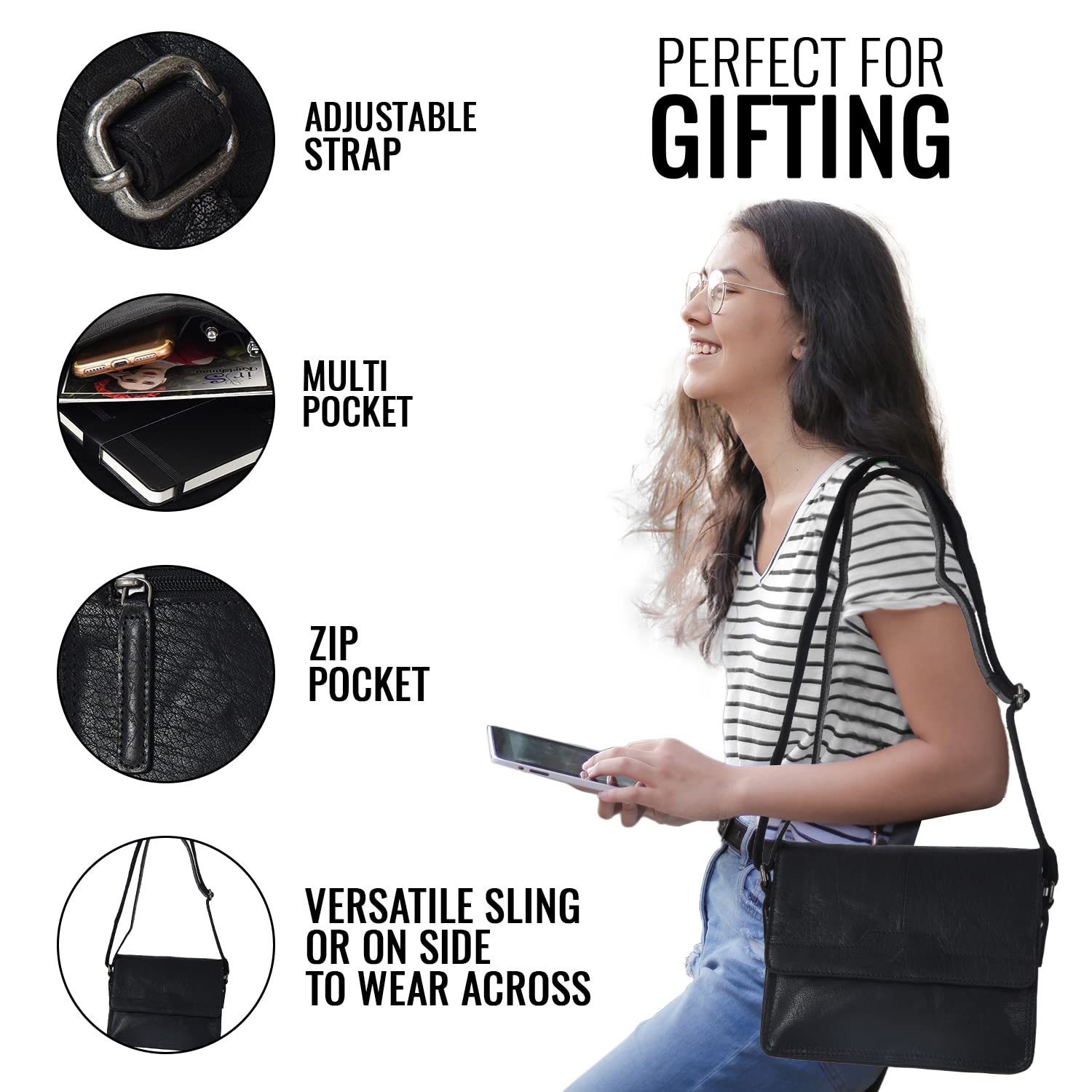 Zinda Genuine Leathers Women’s Handbag Flapover Crossbody Shoulder Sling Multipocket (Ebony)