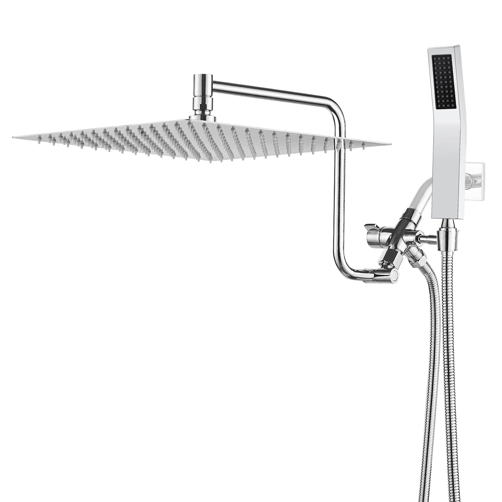 Psylc 12 Inch (All Metal) Rain/Rainfall Shower Head With Handheld Spray, High-Pressure Dual Shower Head Combo With Adjustable Extension Arm, 3-Way Diverter - Height/Angle Adjustable(Polished Chrome)