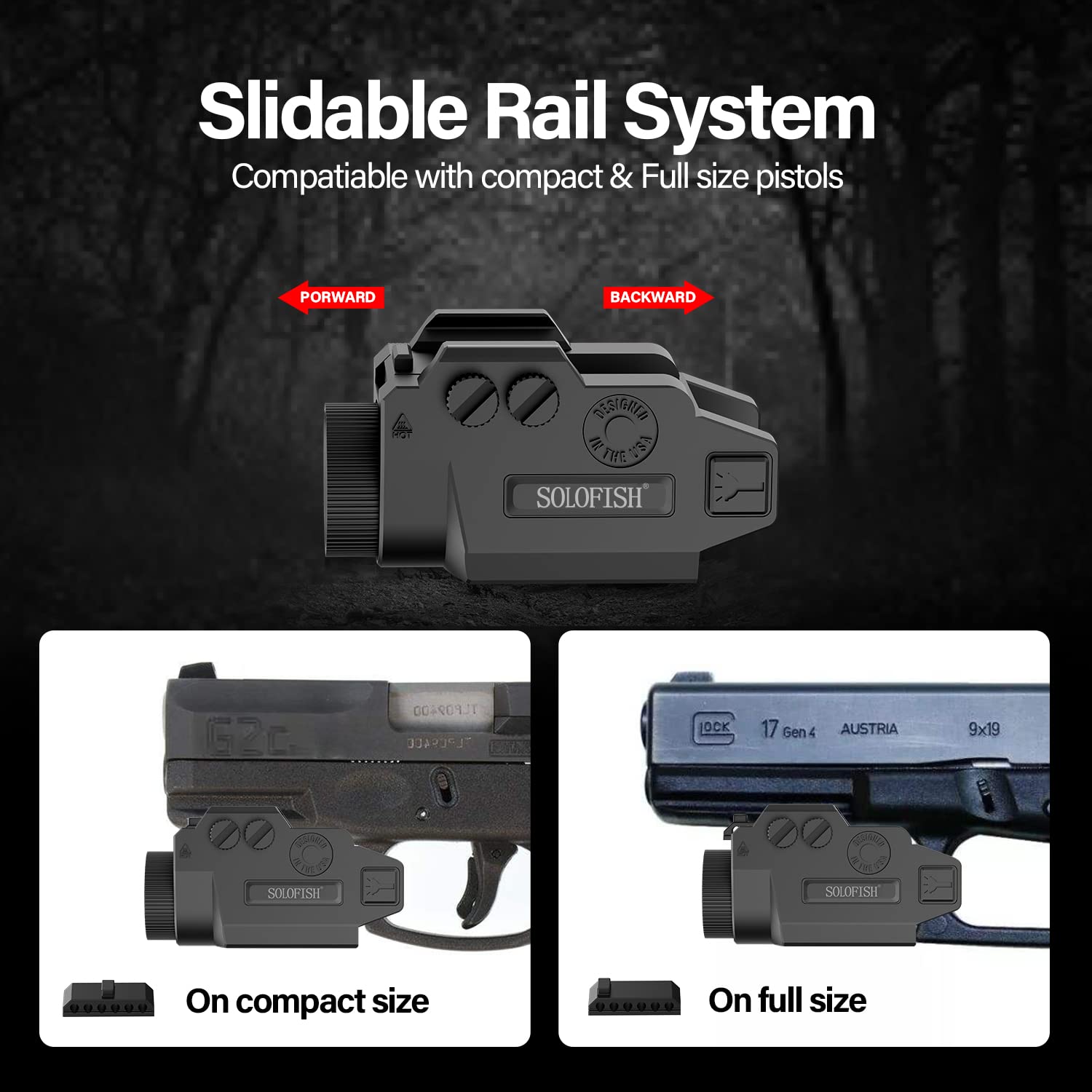 Solofish 650 Lumens Pistol Light with Strobe & Memory, Slidable Tactical Flashlight, Rail-Mounted Gun Light Compatible with Glock Pistols w/Picatinny, Rechargeable