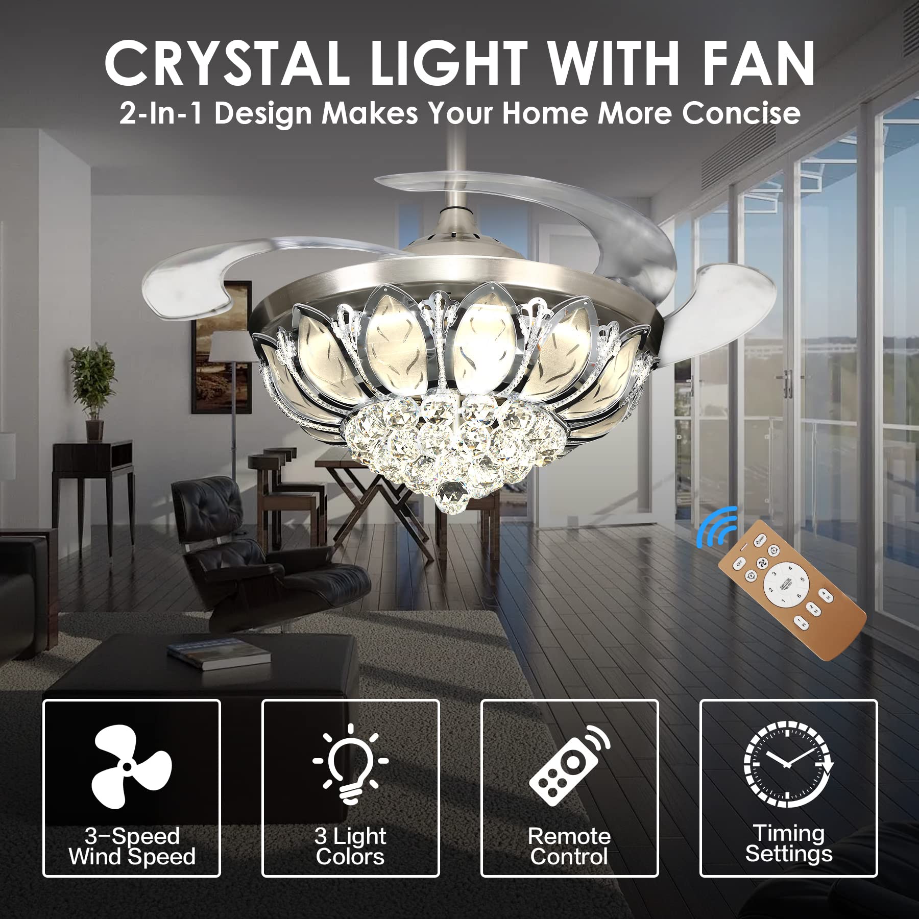 Ridgeyard 42" Crystal Ceiling Lamp Fan Light 3 Light Color LED Fan Chandelier Decorative Pendant Light with 4 Invisible Retractable Blades and Remote Control（Silver