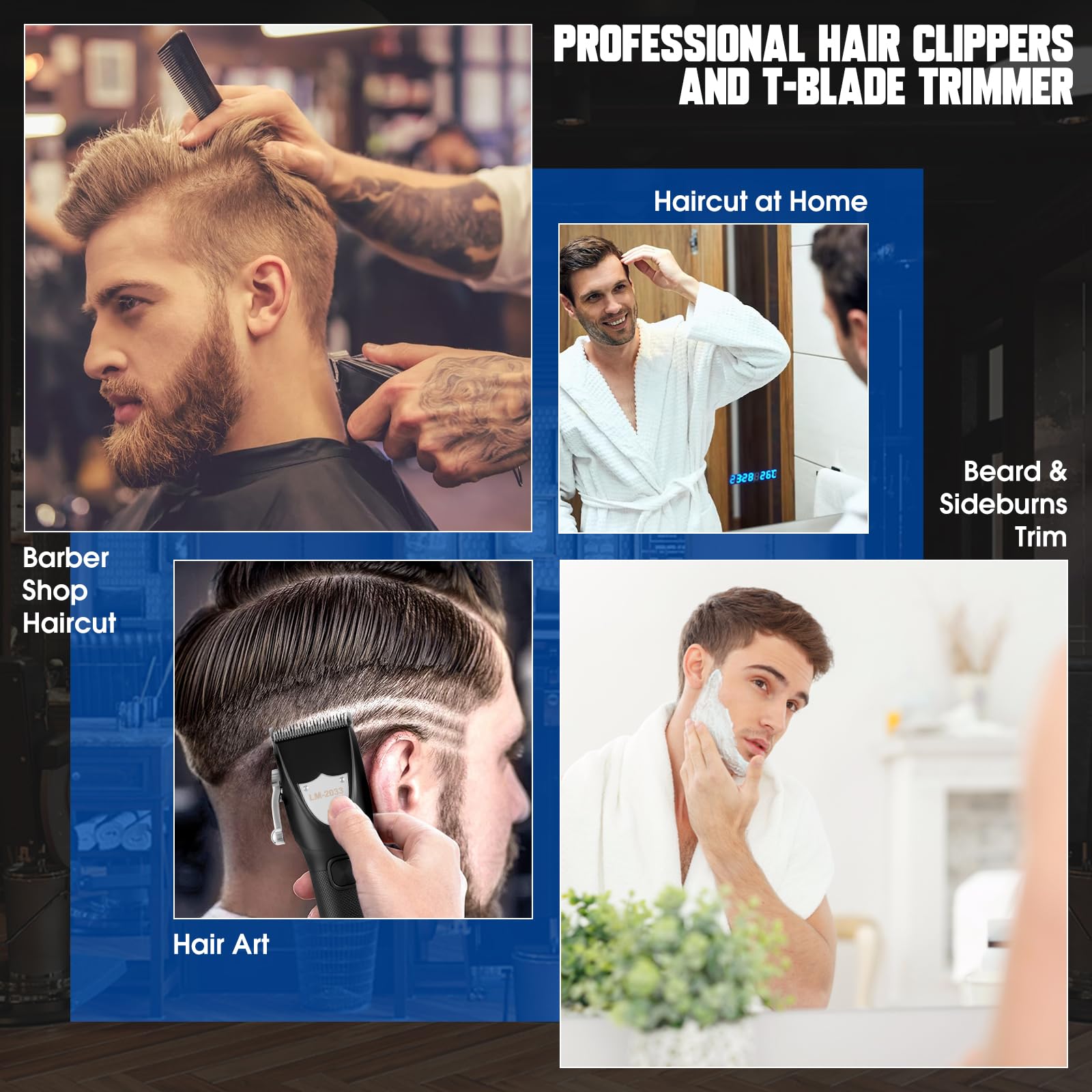 PTBYSMY Hair Clippers for Men, Professional Cordless Barber Clippers and Beard Trimmer Set, Complete Hair Cutting Kit with 16Pcs Guide Combs, LED Display, T Blade Trimmer, Storage Bag for Hair Cutting