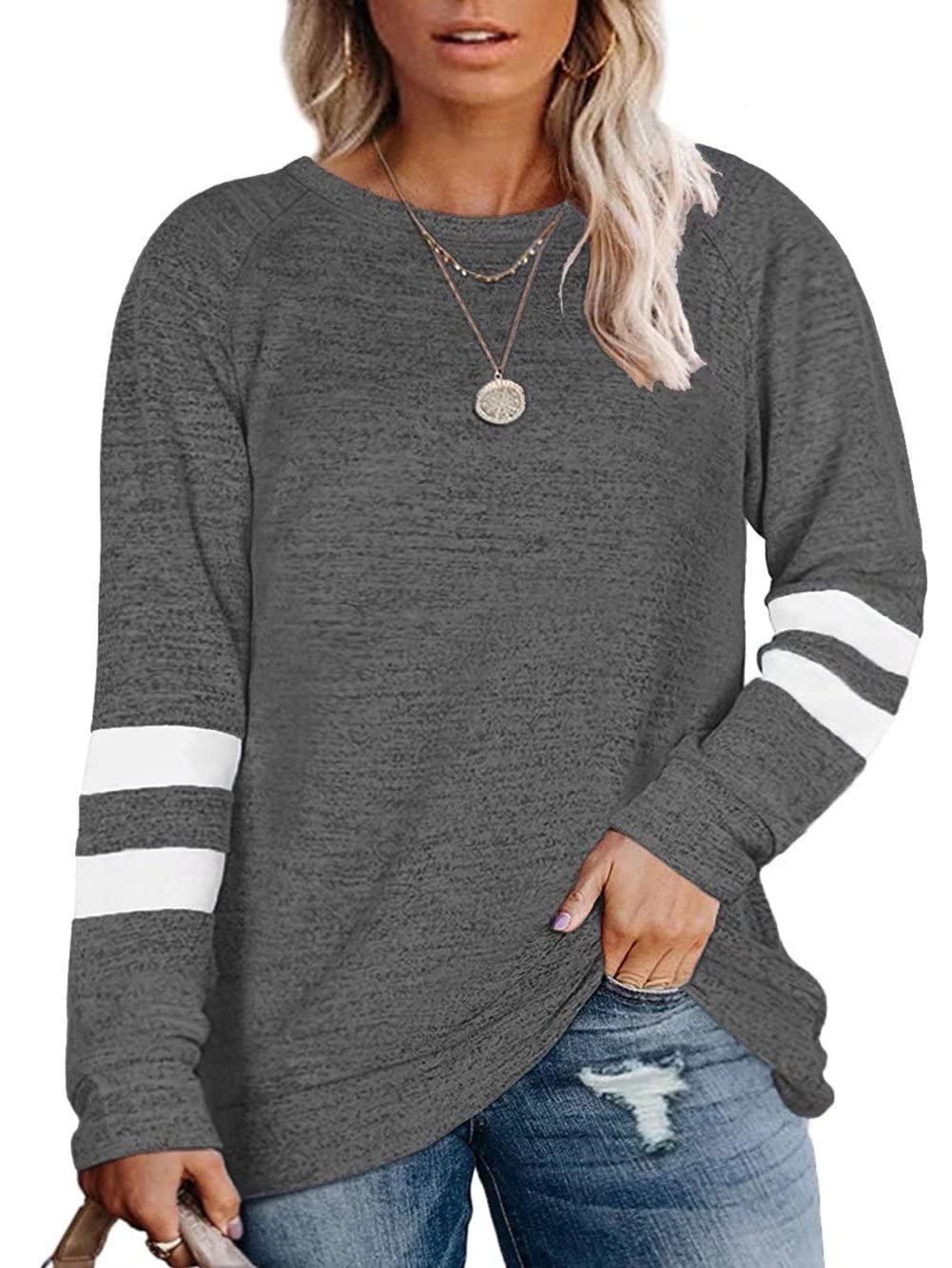 Wkior Plus Size Sweatshirt Ladies Loose Soft Long Sleeve Crewneck Tops Dark Gray 2XL 20 Plus