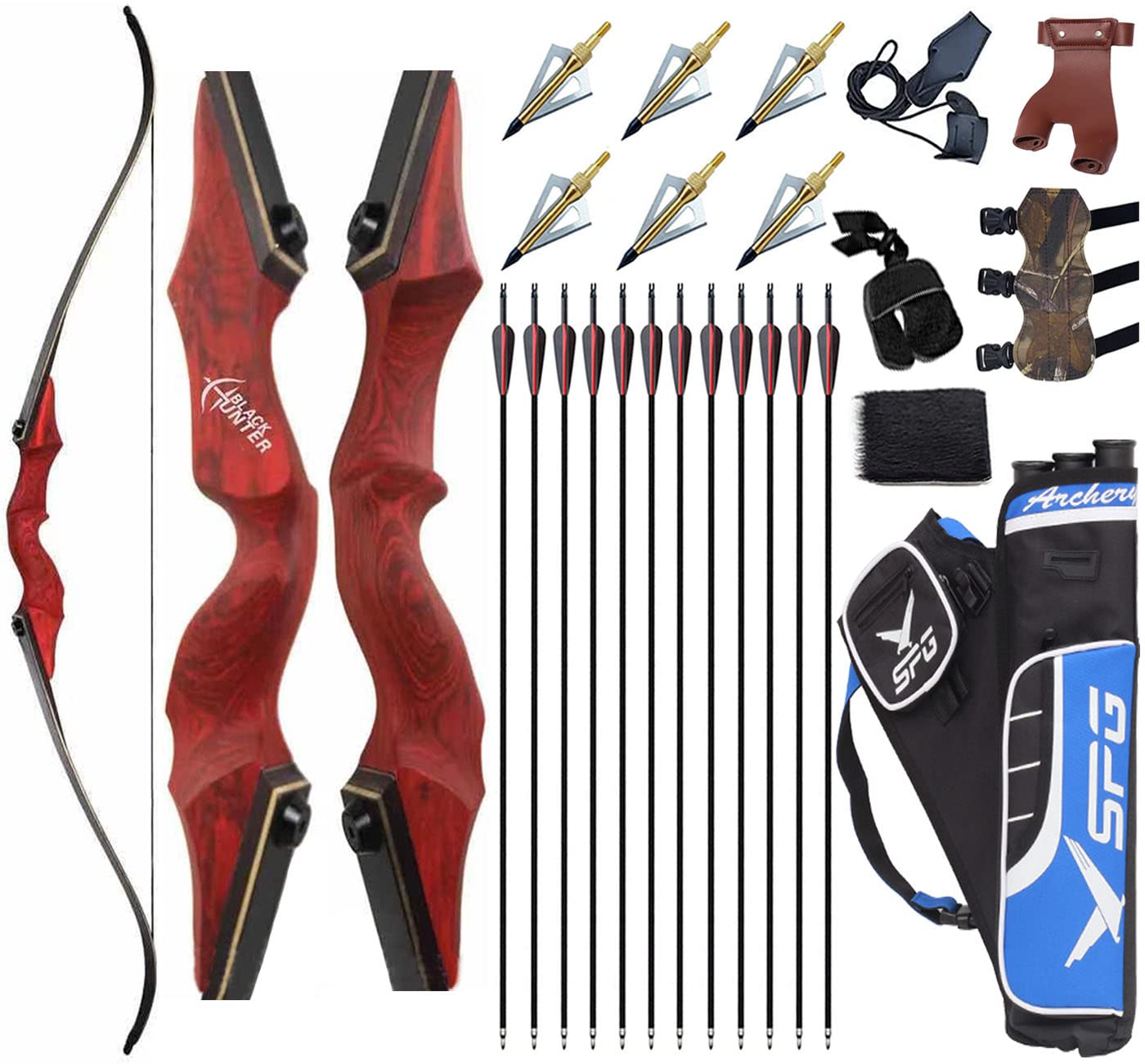 Vogbel 60inch Archery Bow and Arrows Set for Adults Black Hunter Takedown Recurve Bow Survival Bow Hunting Longbow Bamboo Core Limbs for Right Handed Shooters Target Shooting Practice(60LB) Red