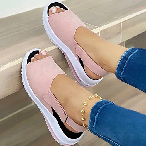 Women's Summer Sandals,Comfy Knit Thick Bottom Fish Mouth Casual Sandals Mesh Soft Sole Casual Shoes Slingback Sandalsv Pink