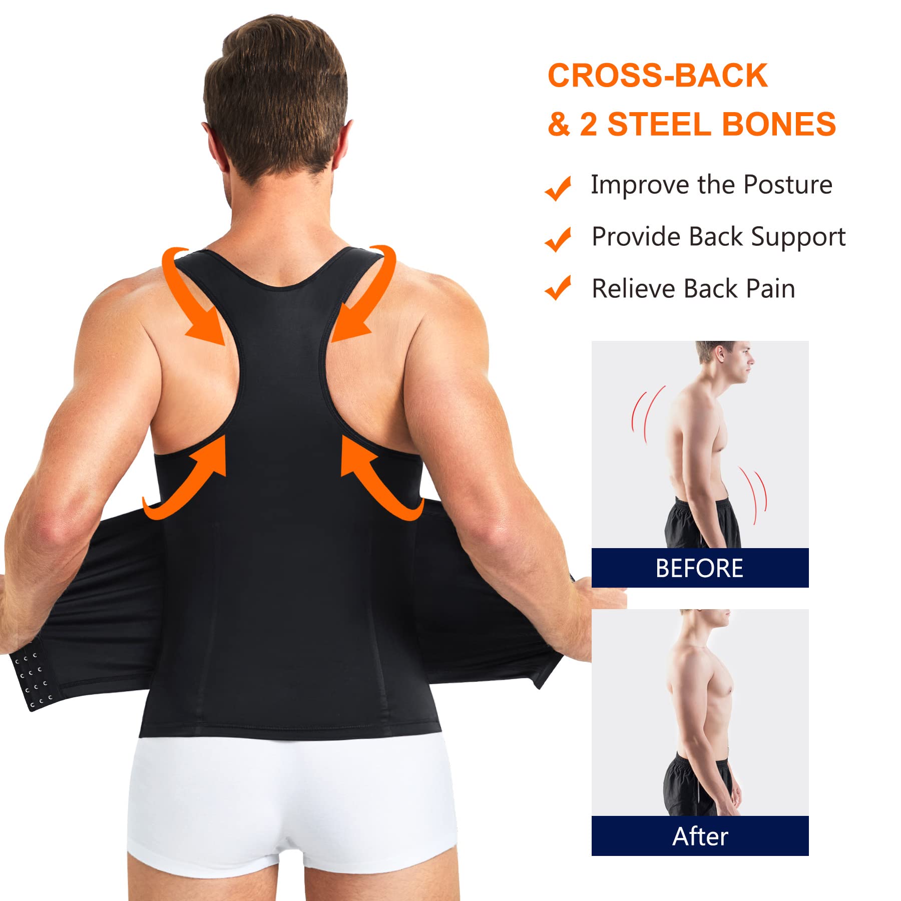 Wonderience Compression Shirts for Men Slimming Body Shaper Waist Trainer Tank Top Vest with Hooks(Black,2X-Large)