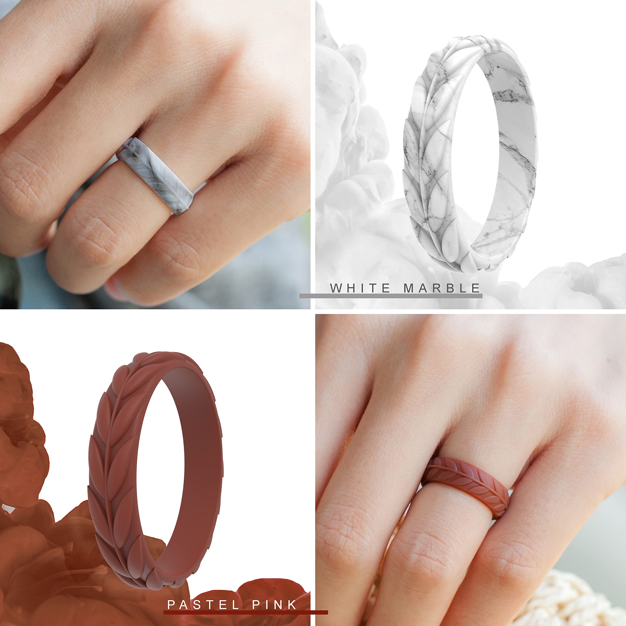 ThunderFit Silicone Wedding Rings for Women, Leaf Design Rubber Engagement Bands 5.2mm Wide 2mm Thick - 1/4/7 Variety Multipack (Pack L - Size 4.5-5 (15.7mm))