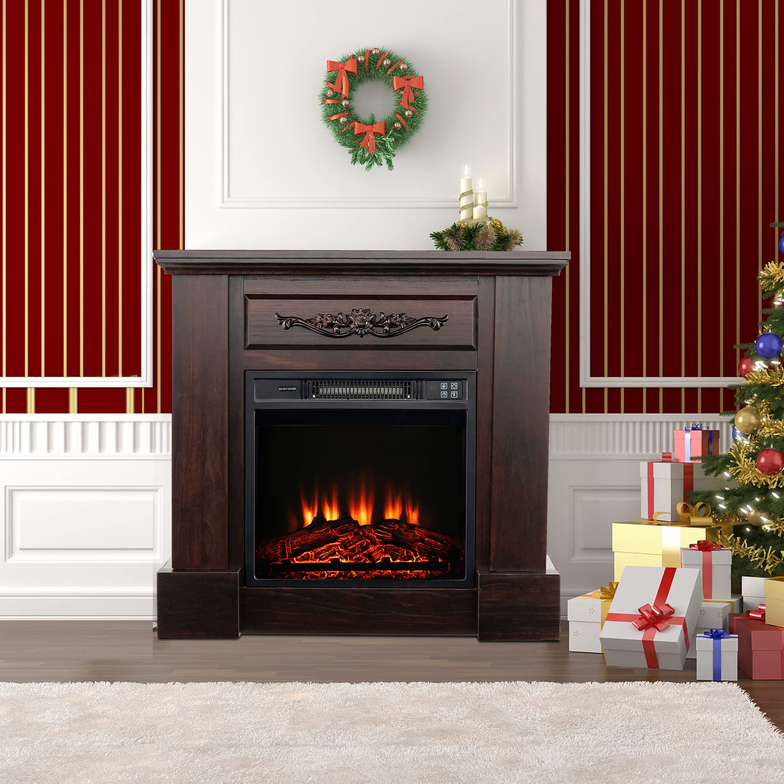 Tangkula 32’’Electric Fireplace with Mantle, Freestanding Fireplace Heater w/ 3D Realistic & Adjustable Flame, Remote Control, Overheat Protection, 1400 W Wooden Fireplace Mantel for Home (Brown)