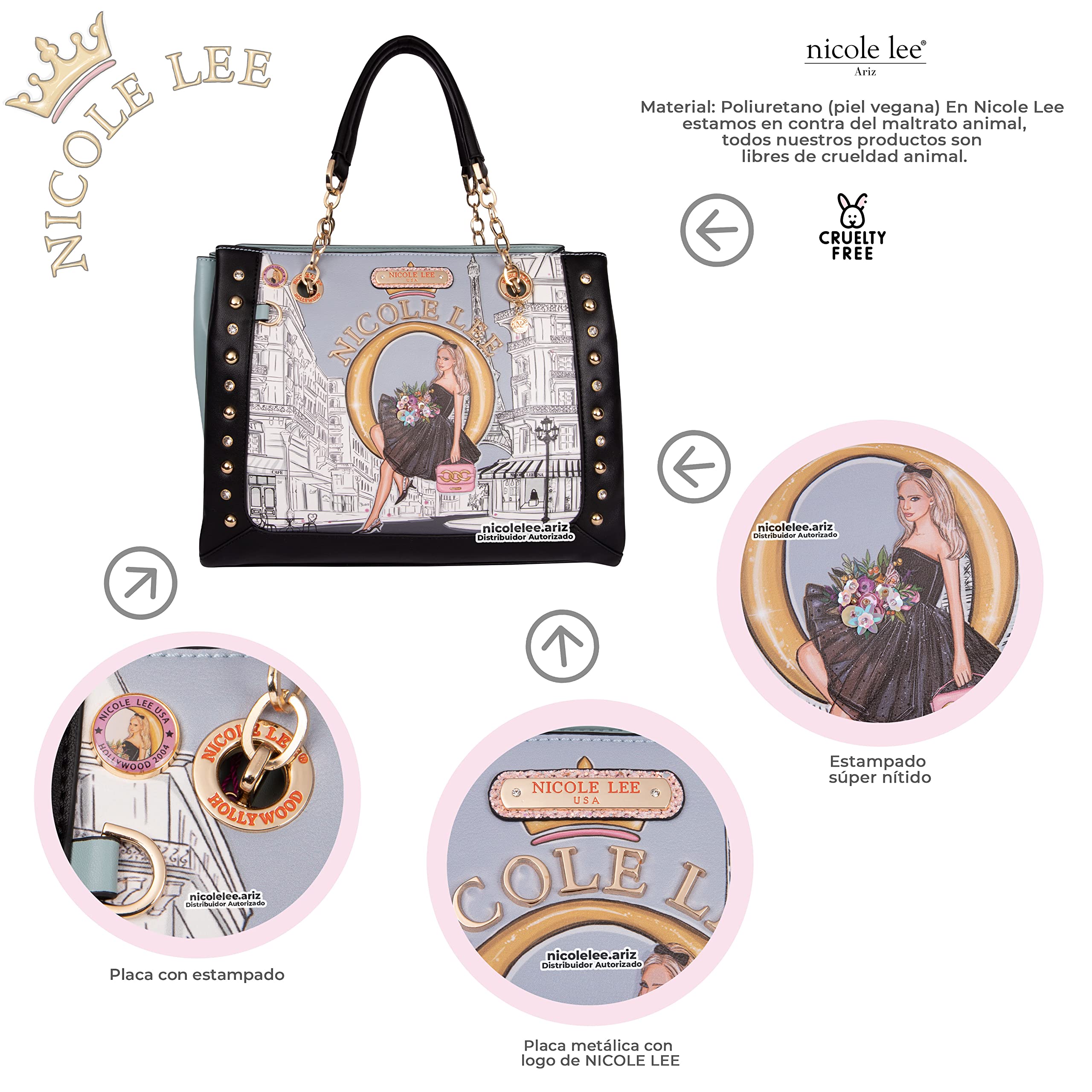 Nicole Lee Dreaming the City Fashion Print Medium Satchel, 3 Compartents, Chain Link Handles, Rhinestone Flower Sequins