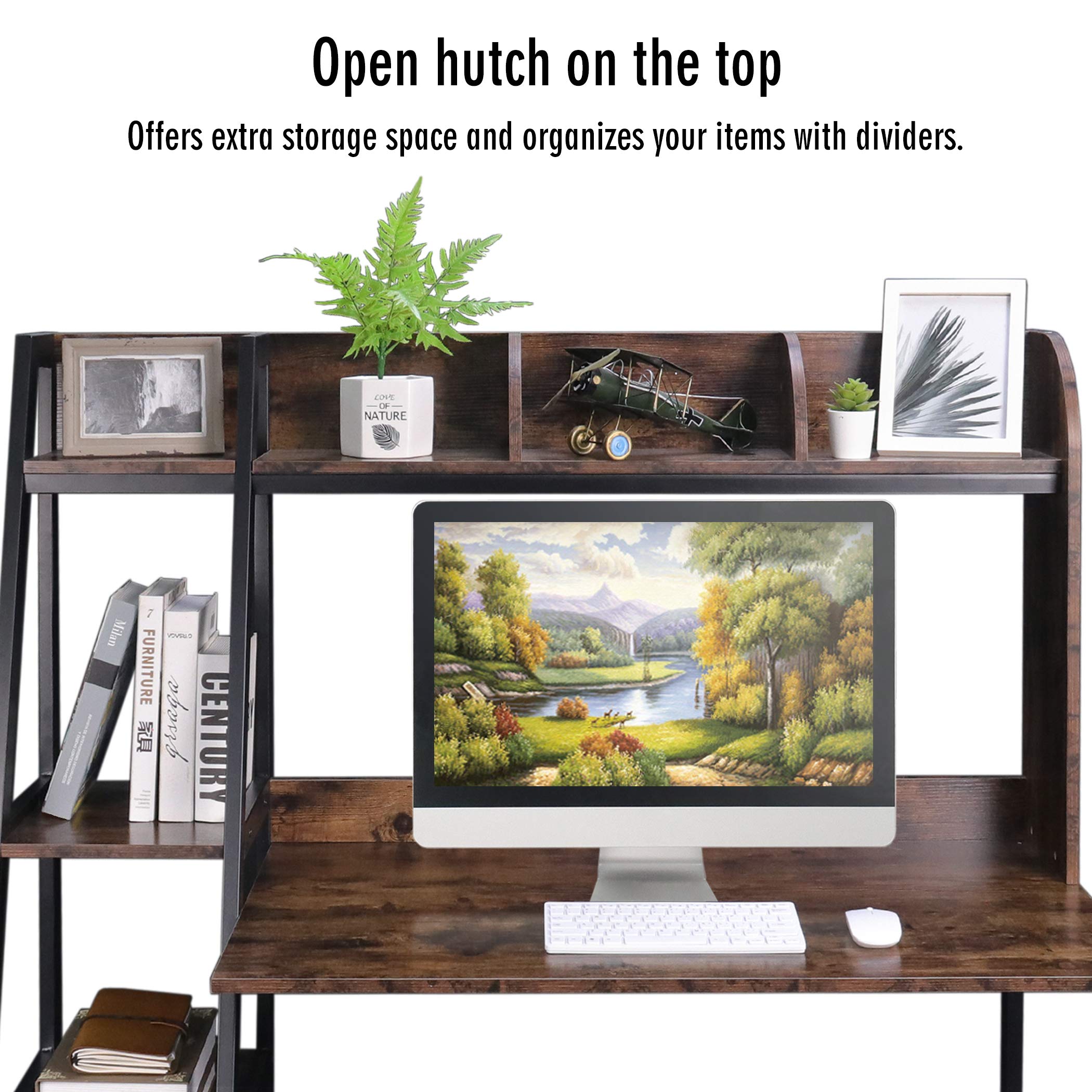 Tektalk Computer Desk with 4 Ladder Shelf Top Shelf Bookshelf Workstation Steel Frame Retro Writing Desk Study Laptop Table for Home&Office β Rustic Brown
