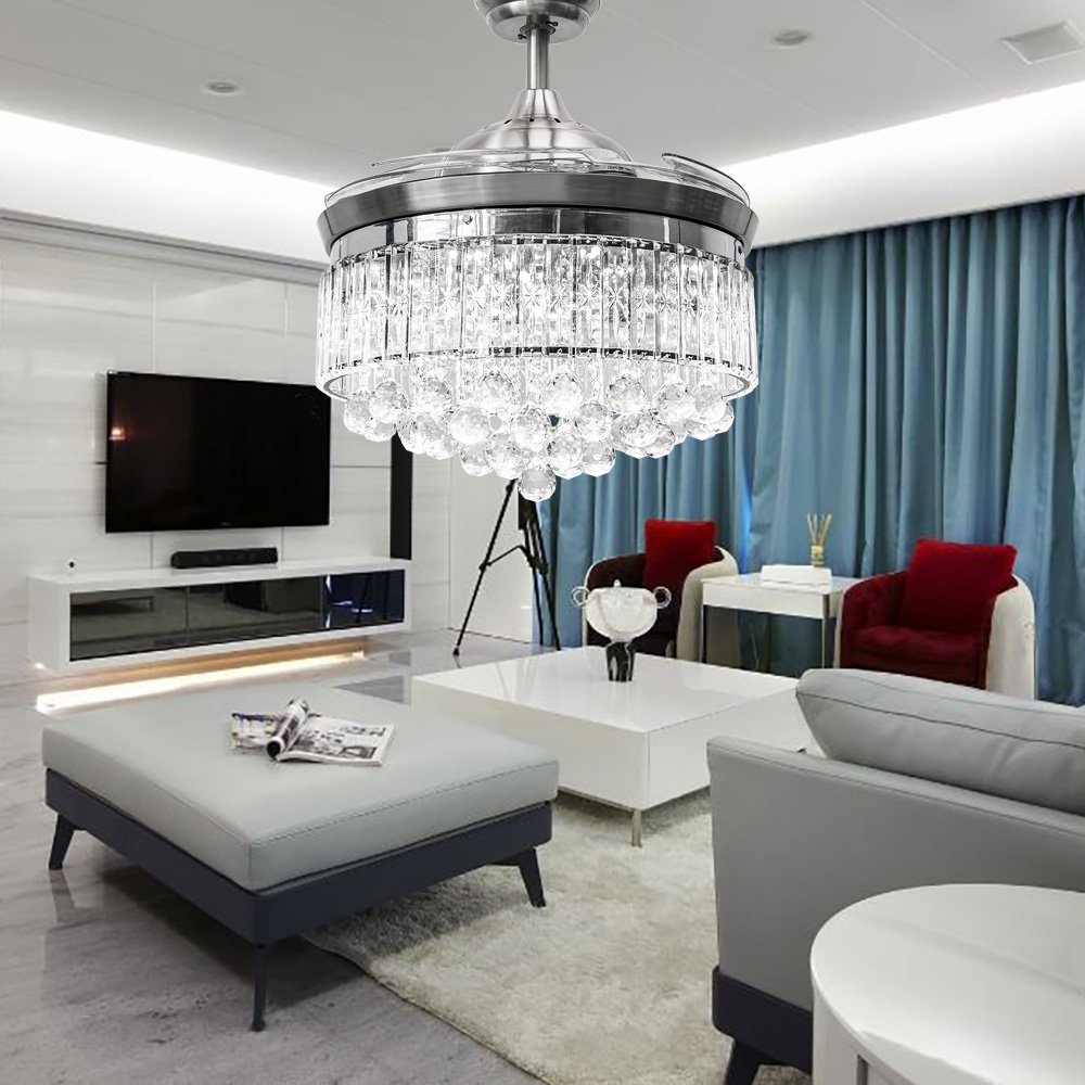 Orillon Modern 42 Inch Crystal Chandelier Fan Light Polished Silver Retractable Hidden Invisible Silent Fan for Indoor Room, Reversible 6-Gear Speed LED 36W, Dual Control-Remote and Wall Control