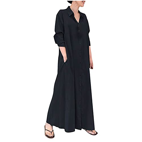 Women Shirt Dress Solid Color Button Down Pockets Maxi Dress Long Sleeve Turndown Neck Loose Shift Dress