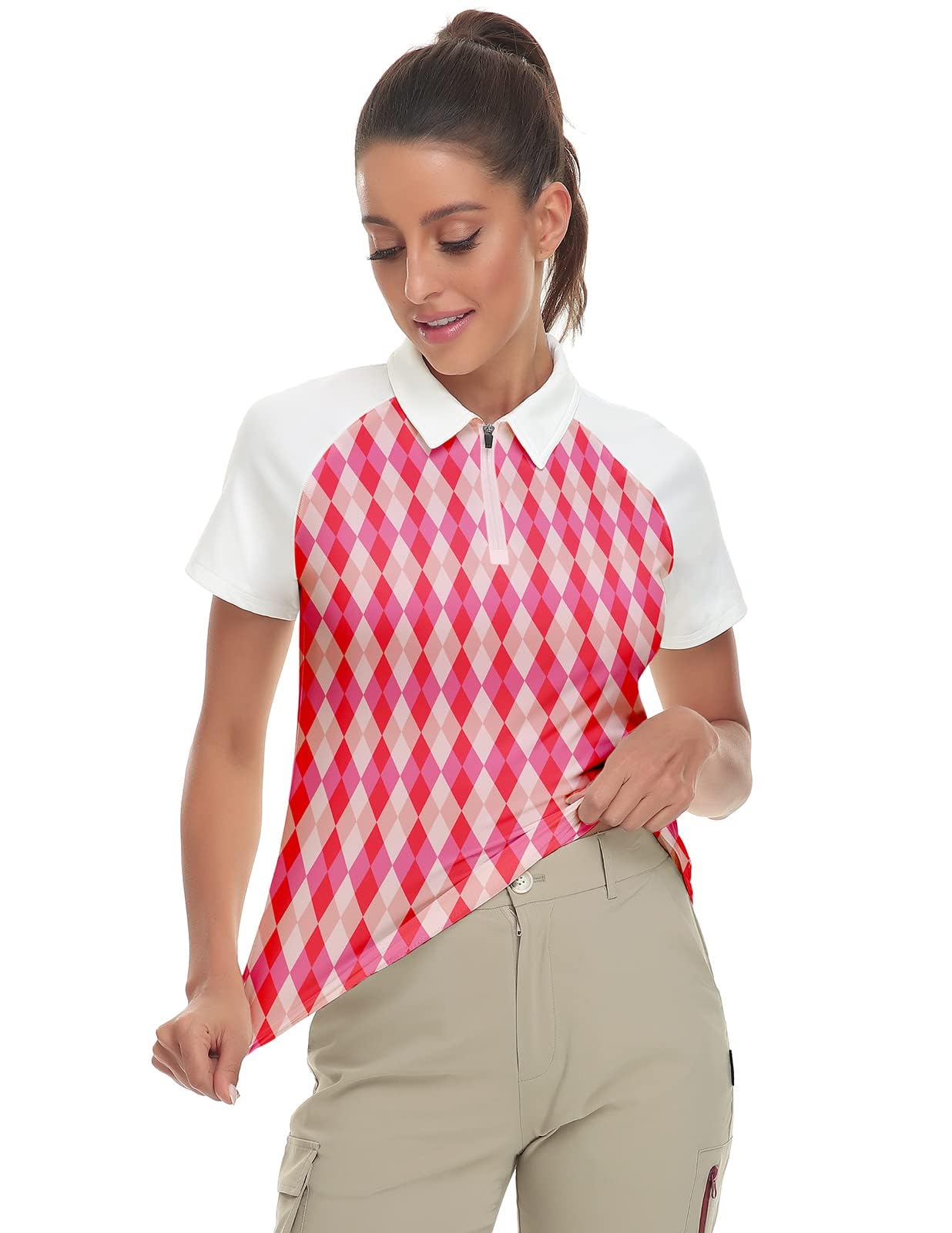 Women's Plaid Golf Polo Shirts Short Sleeve Moisture Wicking Golf Apparel Lady Argyle Golf Tops (Pink Argyle, Large)