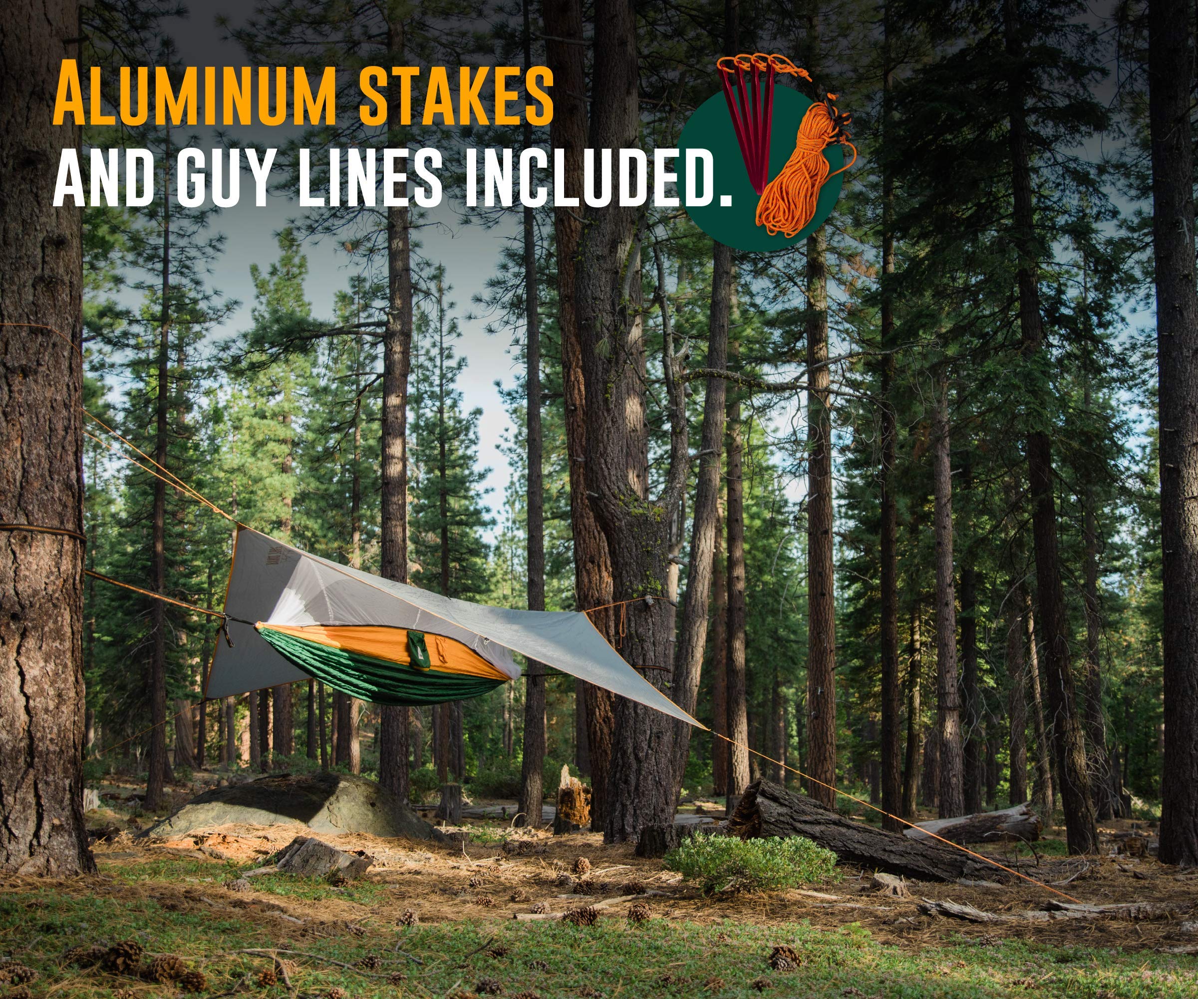 Ryno Tuff 10 X 10 ft Waterproof Hammock Rain Fly, Aluminum Ground Stakes & Guy Lines - Lightweight 3000MM Rated Sunshade Tarp for UV Protection While Outdoor Camping, Backpacking, Traveling & Hiking