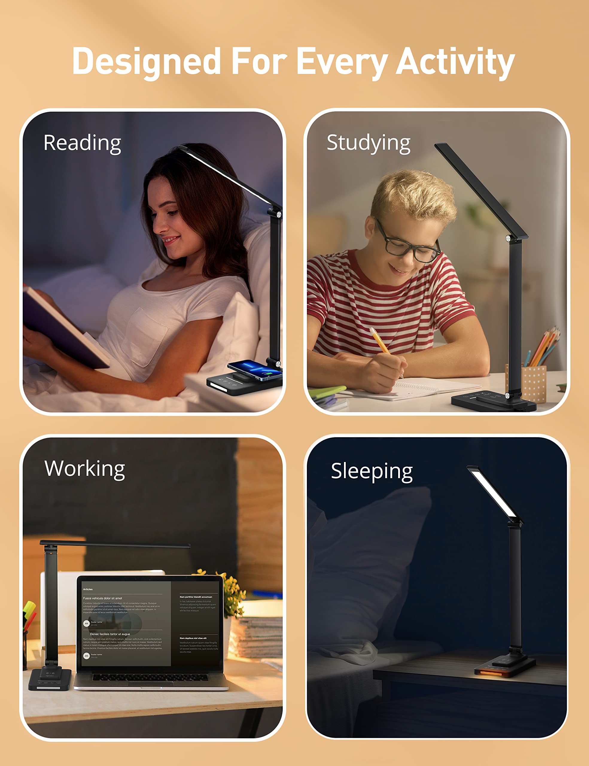 sympa LED Desk Lamp, Desk Lamp with Wireless Charger, Dimmable Desk Light with 25 Light Modes, Study Lamp with Night Light, 60 Min Timer, 5S Delay, for Home Office