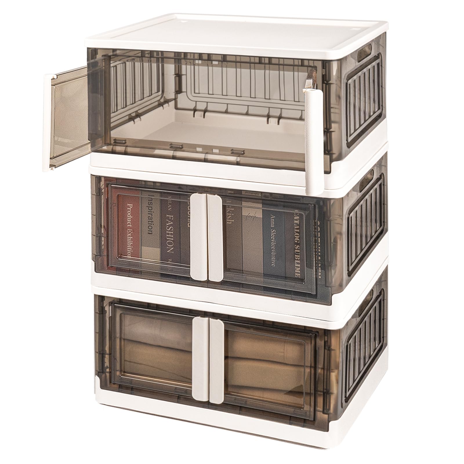 Stackable Storage Bins,Collapsible Storage Bins,Closet Organizers and Storage Bin,13.74 Gal Folding Storage Box with Open Front Door and wheels for Home Organization,Dorm Room Essentials 3Pack
