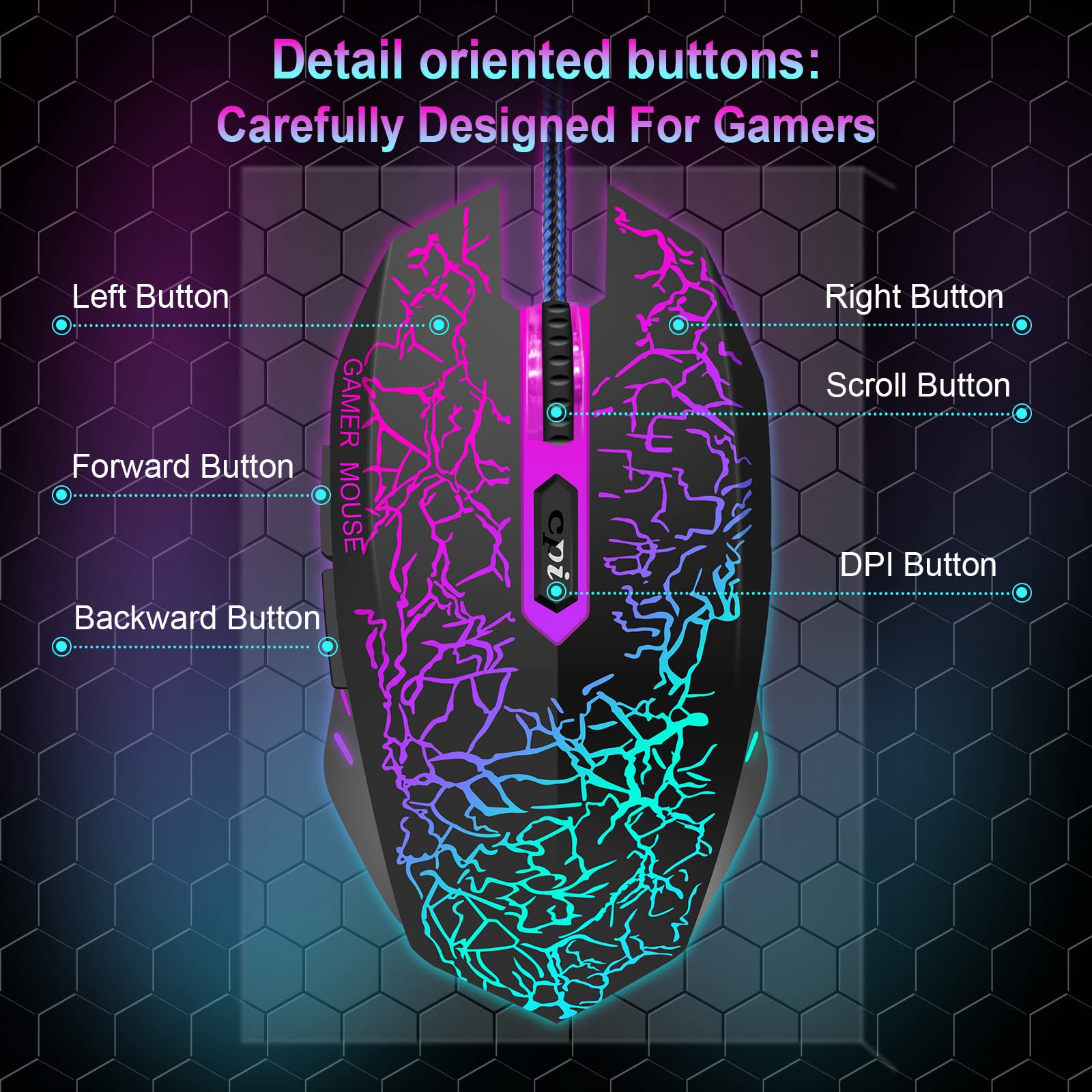 Wired Gaming Mouse , Optical USB Mice for Laptop/desktop, 1200 to 3600 4 Adjustable DPI and RGB light, Ergonomic with 6 Programmable Buttons for Computer Windows 7/8/10/XP Vista Linux Chromebook PC