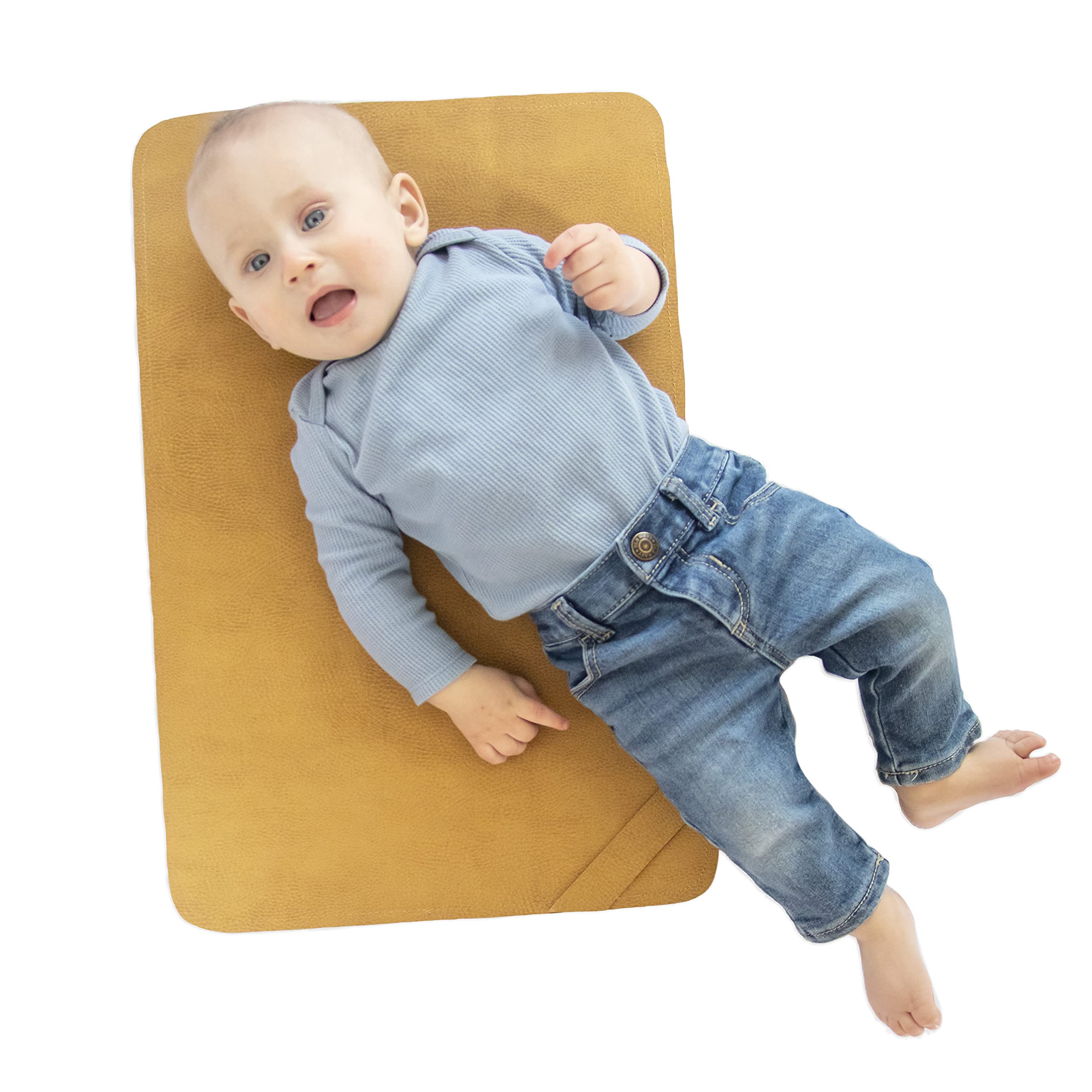 SONDER Double Sided Vegan Leather Changing Mat - Infant and Toddler Multipurpose Portable Waterproof Diaper Pad - Compact for Travel - Deluxe Diaper Changer (14" x 22", Sugar Almond + Honey Gold)
