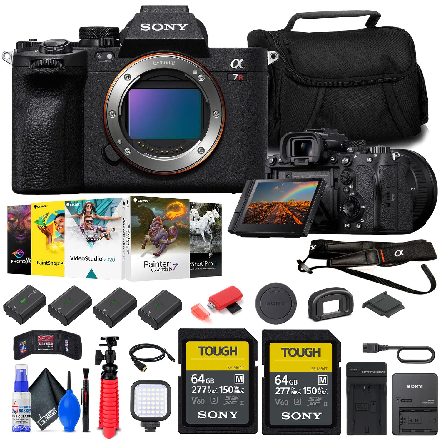 Sony a7R V Mirrorless Camera (ILCE7RM5/B) + 2 x 64GB Memory Card + Corel Photo Software + Bag + 3 x NP-FZ100 Compatible Battery + Charger + Card Reader + LED Light + HDMI Cable + More (Renewed)