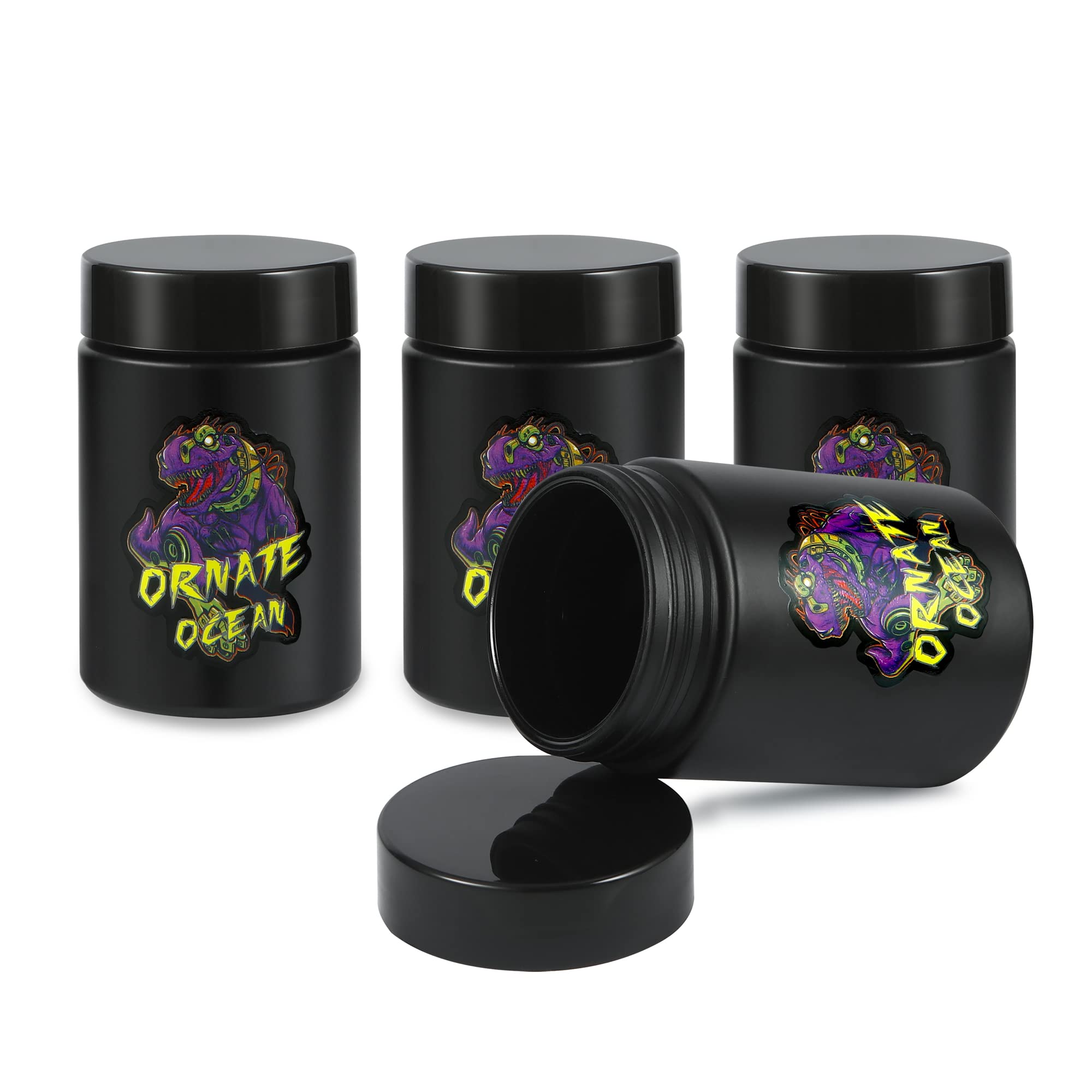 Ornate Ocean 4-Pack 250ml UV Glass Stash Jars - 4 Piece Set Multipurpose Storage Containers - Convenient Airtight Smell Free Screw Top Lid Jars Preserves and Secures Your Herbs (Tyrannosaurus)