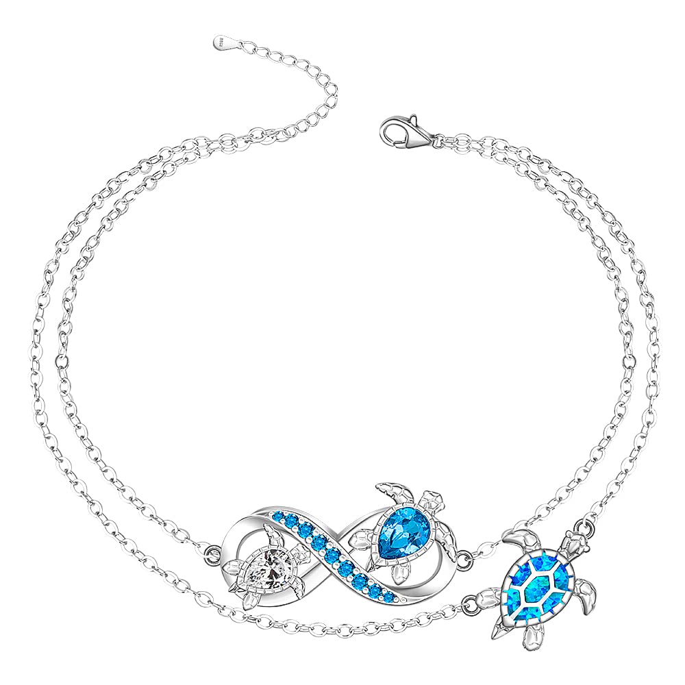 Turtle Anklet Blue Opal Sea Turtle Ankle Bracelets for Women Sterling Silver Infinity Wave Ocean Beach Summer Foot Bracelet Jewelry Layered Adjustable