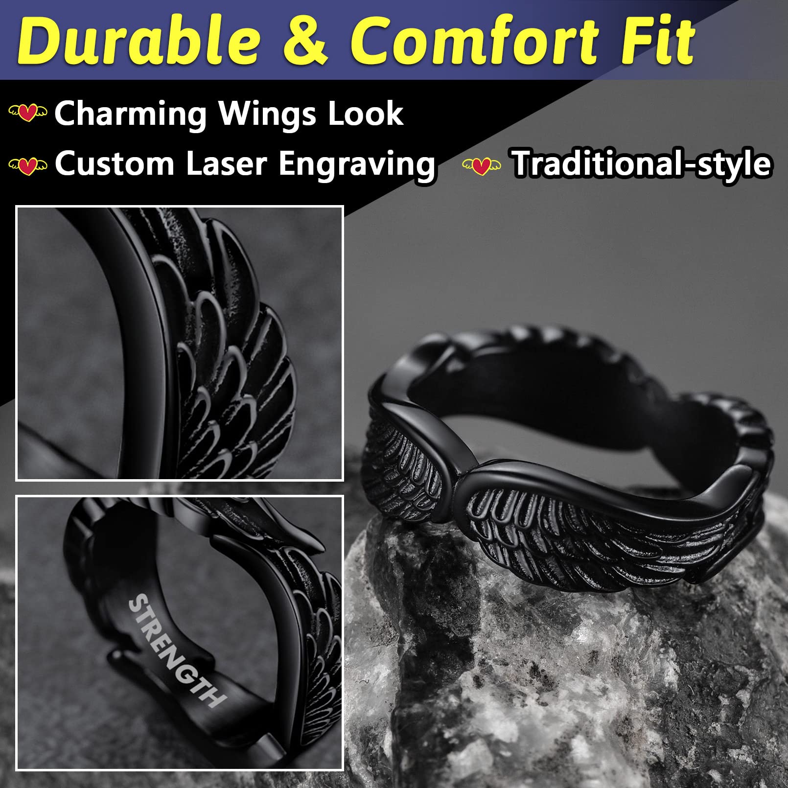 Women Wing Rings Stainless Steel Protective Angel Feather Wings Thumb Ring for Male Dad Birthday Gift