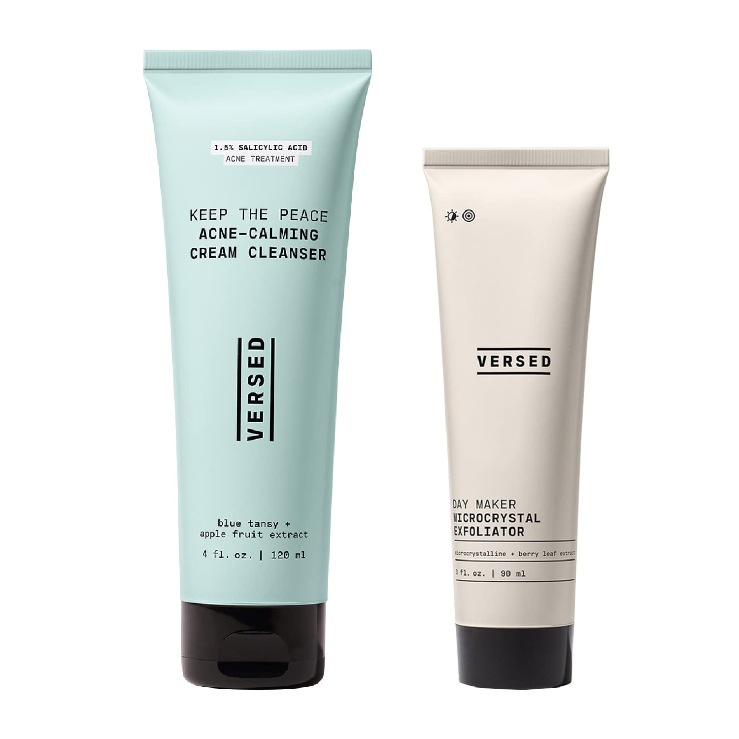 Versed Clean Slate Duo - Day Maker Microcrystal Exfoliating Cleanser, Help Clear Dead Skin Cells (3 fl oz) & Keep The Peace Acne-Calming Cream Cleanser with Salicylic Acid (4 fl oz) - Non-Toxic, Vegan