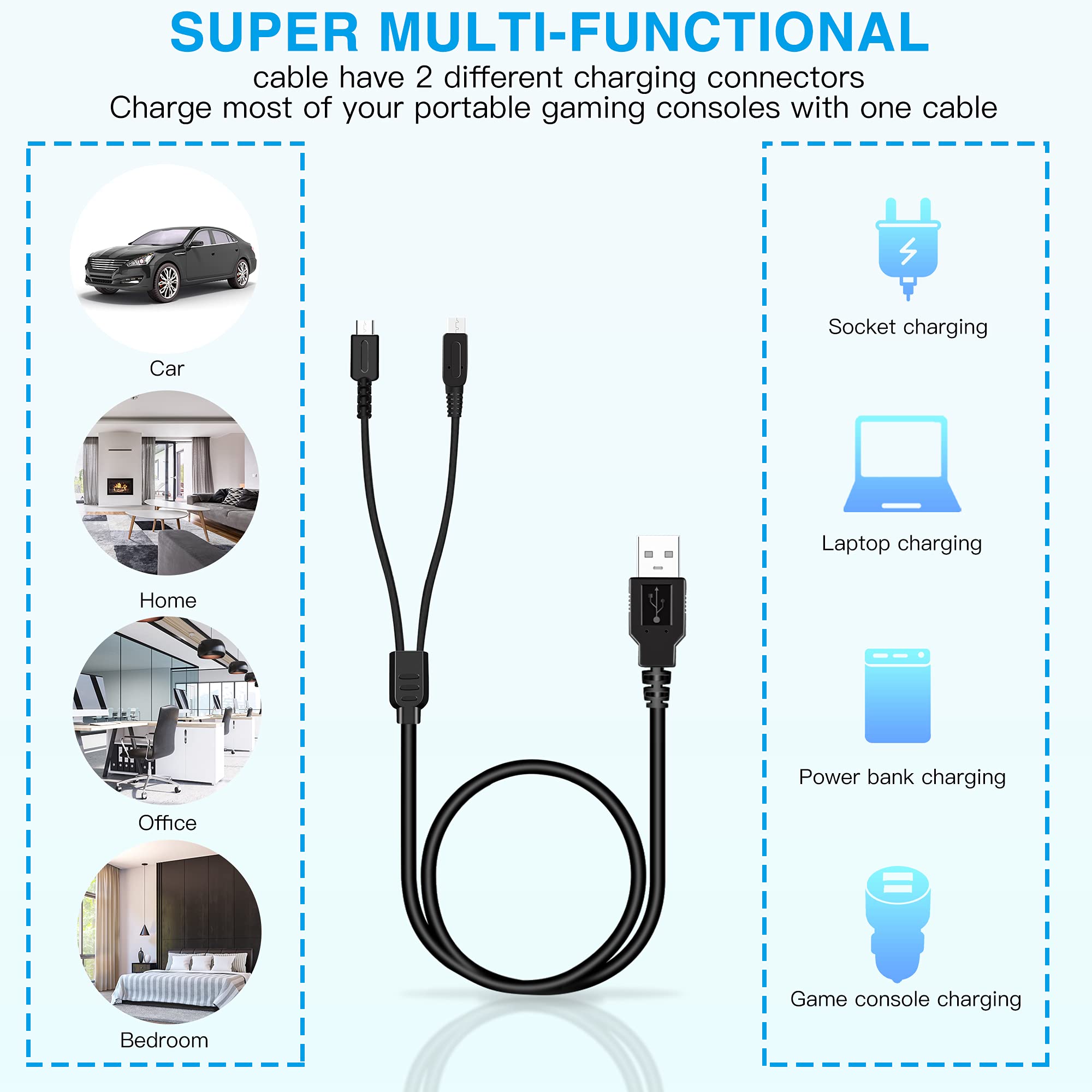 Xahpower 2Pack 2 in 1 USB Charger Cable Cord for Nintendo DS Lite, New 3DS(XL/LL), New 3DS, 3DS(XL/LL), 3DS, New 2DS(XL/LL), 2DS, DSi(XL/LL), DSi