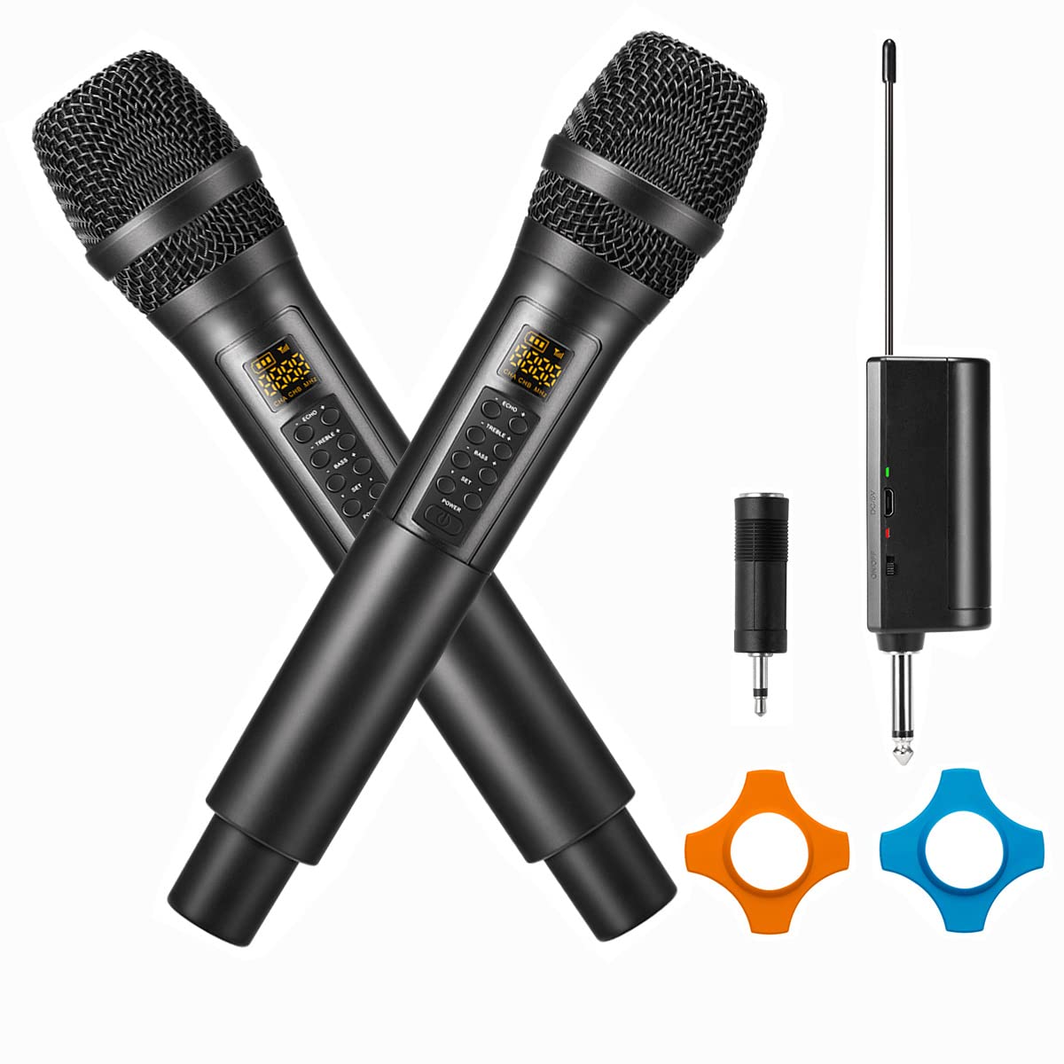 Wireless Microphone, Dual Professional UHF Cordless Dynamic Mic Handheld Microphone System with Echo/Treble/Bass, Receiver 30 Adjustable Channels, 328ft Long Range for Amplifier, DJ, Party etc.