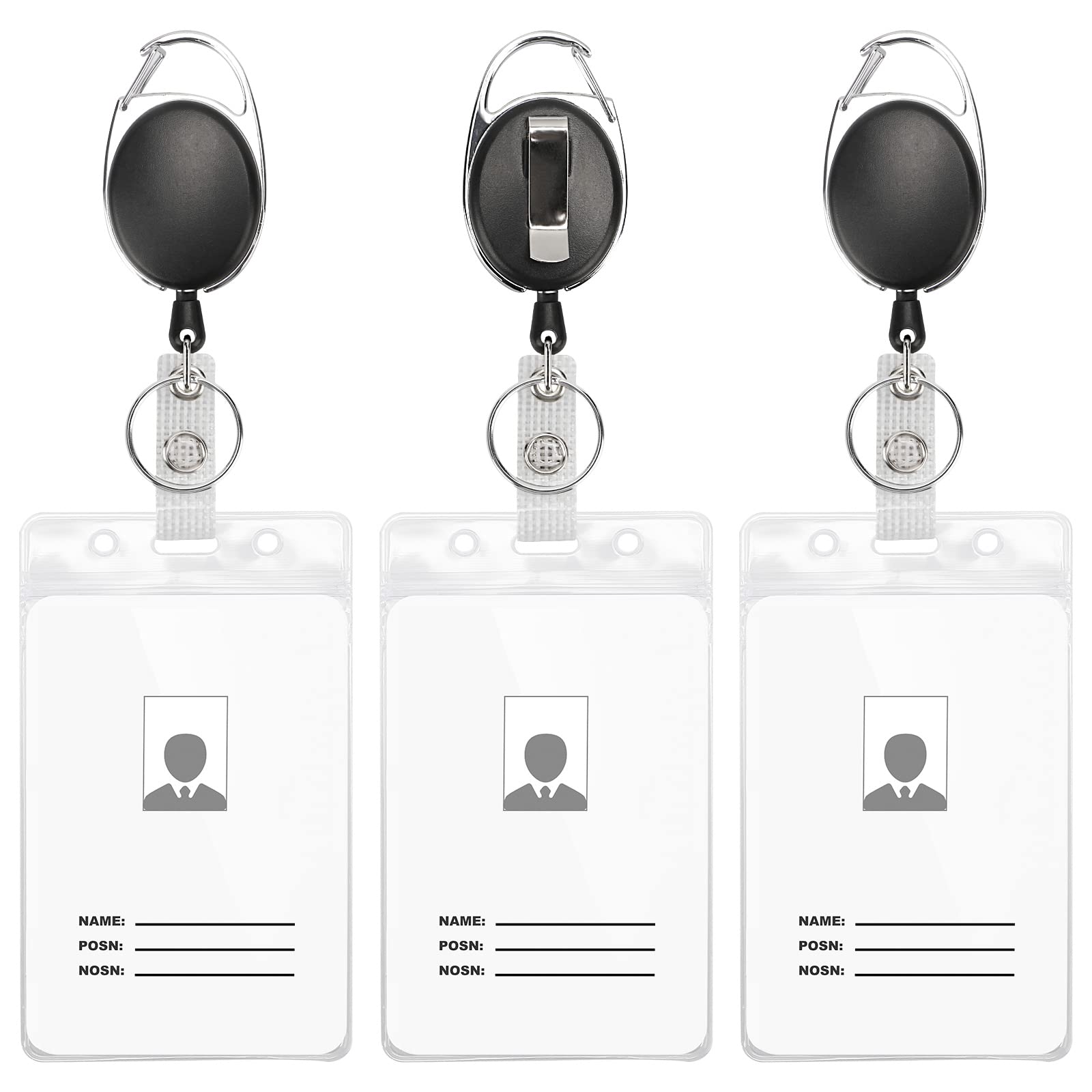 Orrope Retractable Badge Holders with Carabiner Reel Clips, 3 Pack, Clear Vertical ID Card Holders, Reinforced Grid Tape, Supports Teachers, Office Workers, and Medical Staff