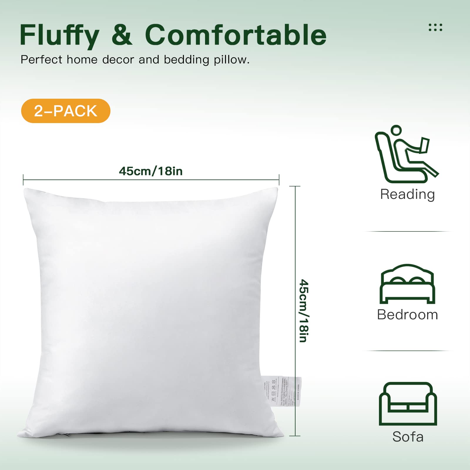 OTOSTAR Pack of 2 Throw Pillow Inserts, 18 x 18 Square Cushion Inner Soft Fluffy Plump Stuffer Cushion Pads White Decorative Pillow Inserts