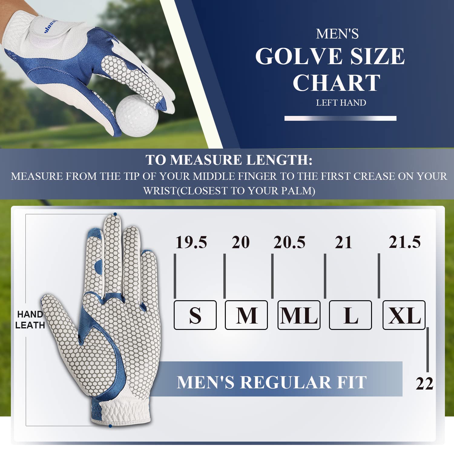 wosofe Golf Gloves Men Left Handed Golfer Single Synthetic PU Non-Slip Comfortable Close Fit(Medium/Large)