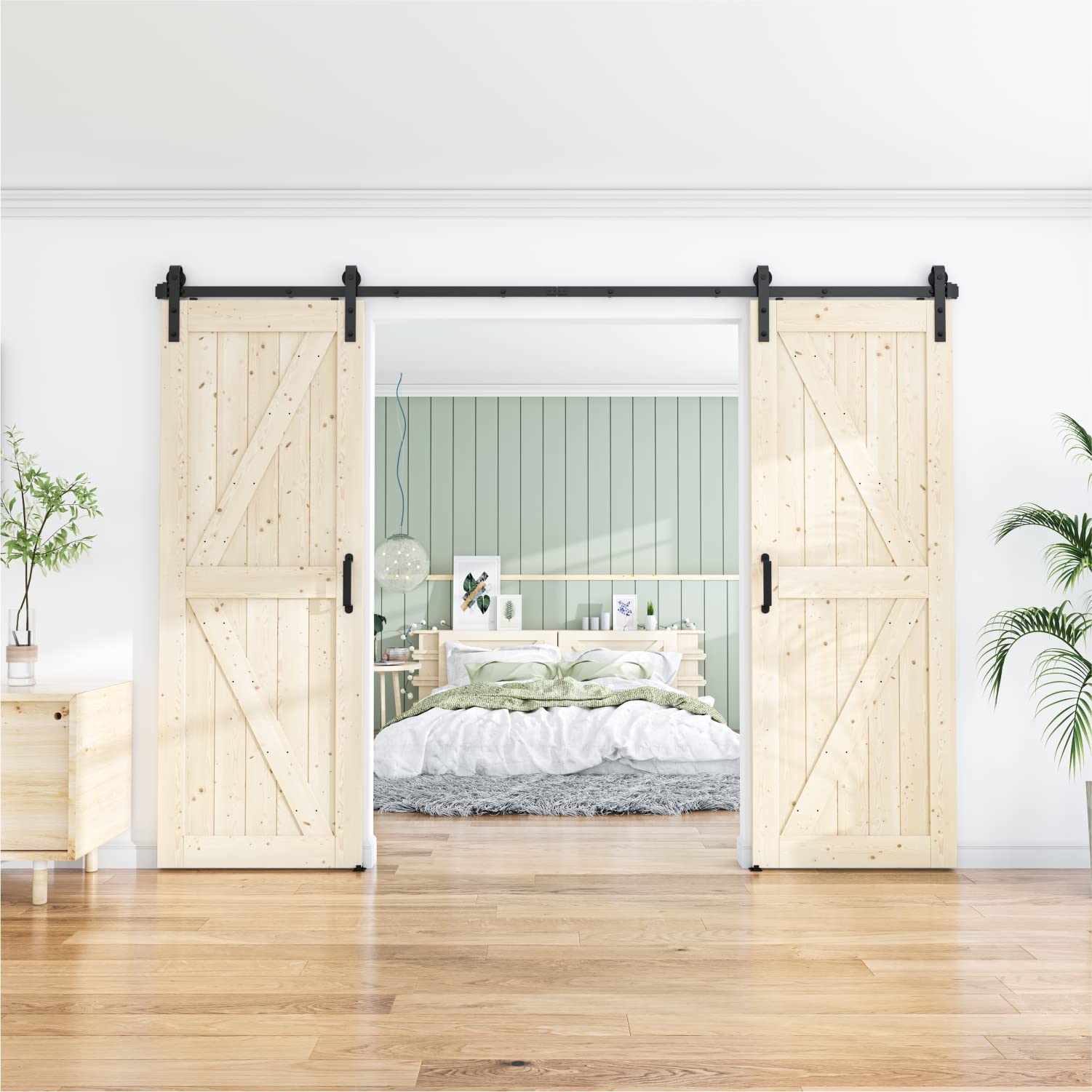 WINSOON 8FT Sliding Barn Wood Door Hardware Cabinet Closet Kit with 2PCS 12 Inch Sliding Barn Door Handles Black Hardware with Pull and Flush Barn Door Handle Set