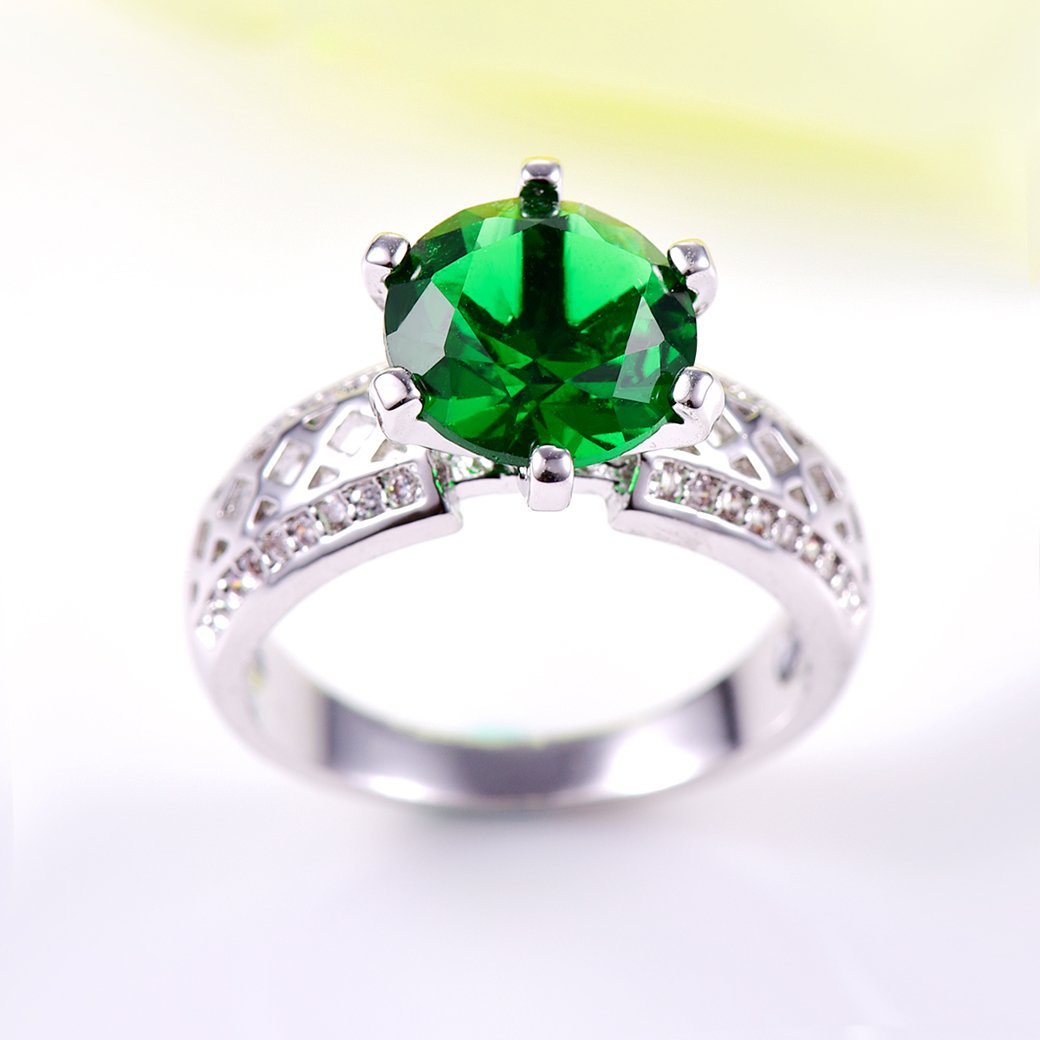 Veunora Silver Plated Round Cut Created Emerald Quartz Green Cubic Zirconia Filled Women Hollow Band Ring Size 9
