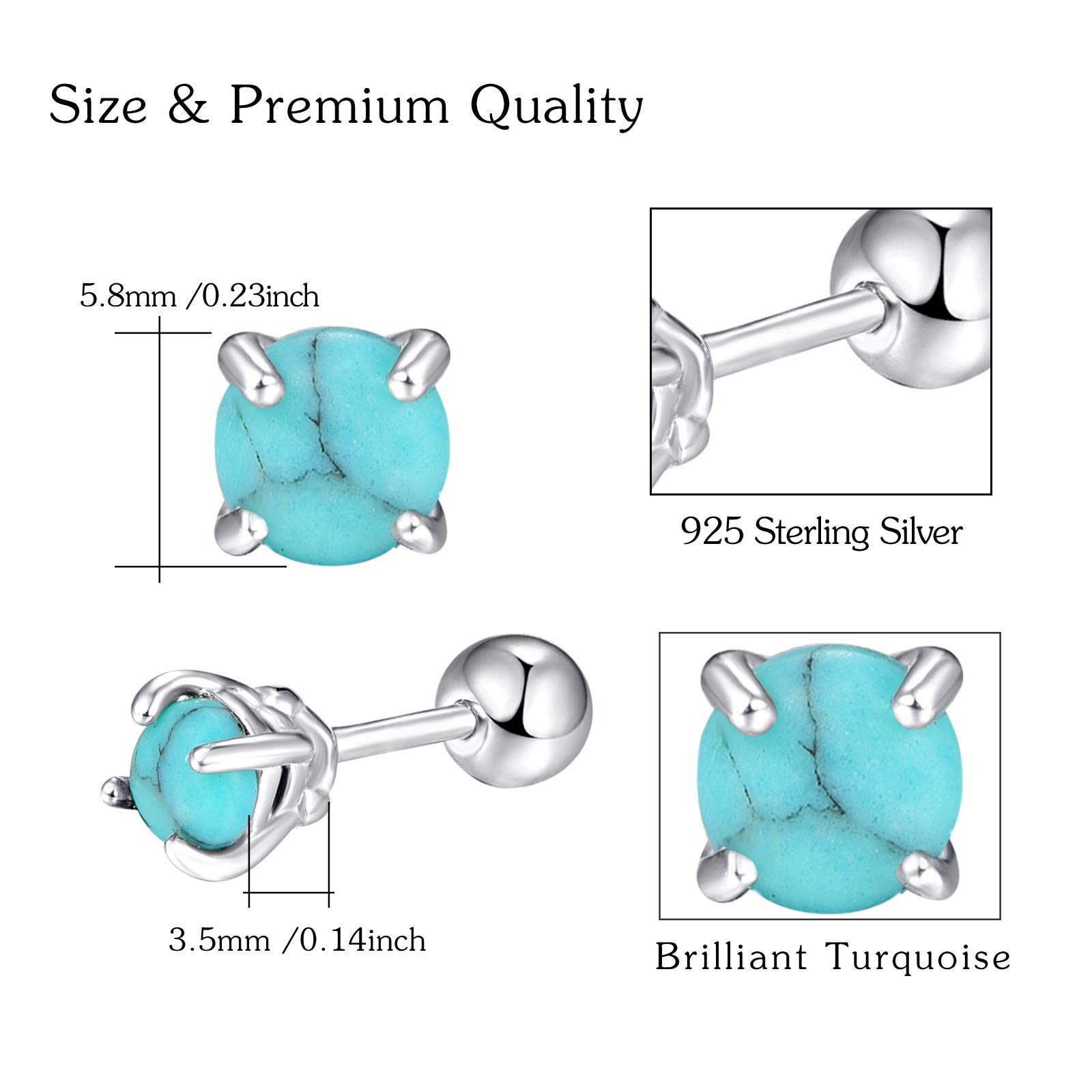 Turquoise Studs Earrings, 4mm Round Shape 925 Sterling Silver Screwback Tiny Small Studs Turquoise Jewelry Mother Day for Women Mom Wife Girlfriend with Box