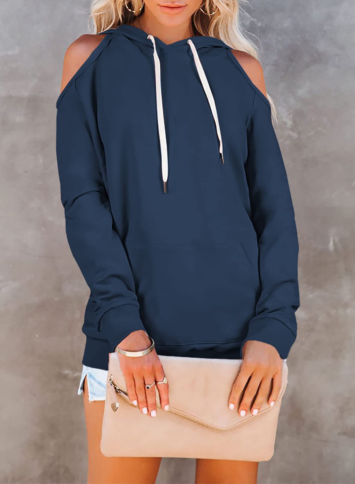 Women Cut Cold Shoulder Hooded Sweatshirt Long Sleeve Pullover Hoodies with Pockets Dark Blue 2XL