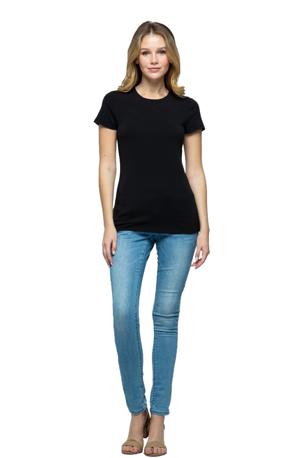 Women's Basic Solid Active Soft Cotton Short Sleeve V Neck Slim Fitted Top T-Shirts in Yellow - S