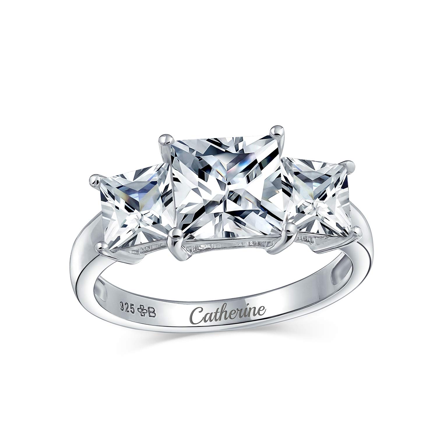 Personalize 3CTW Square AAA CZ Princess Cut Promise Ring Cubic Zirconia Past Present Future Three Stone Engagement Ring for Women .925 Sterling Silver Customizable