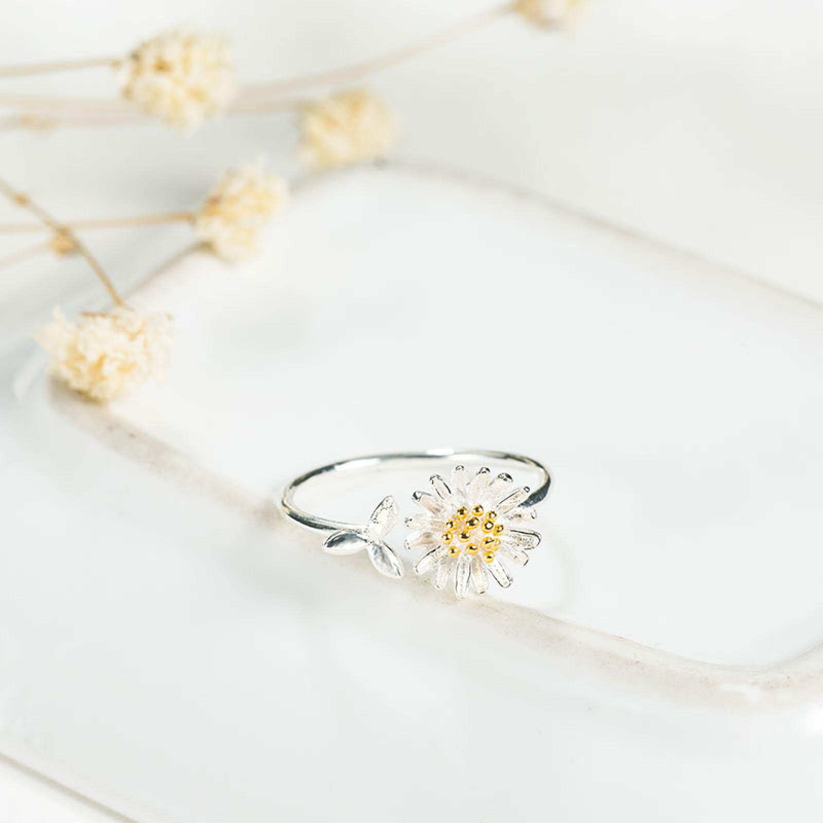 Women'S Sterling Silver Open Ring, Daisy Ring, Adjustable Size Ring 1