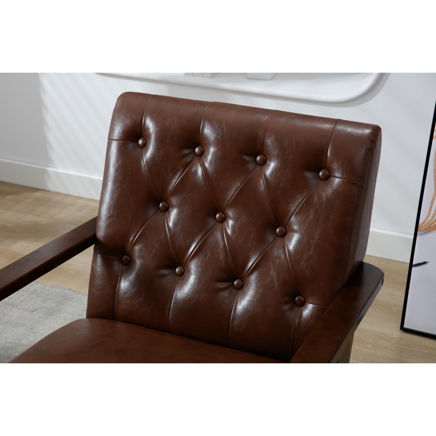 OUK-BT W395 Mid Century Modern Accent, Upholstered Armchair with Solid Wood Frame,Microfiber Leather Spots,Comfy Retro Leisure Reading Chair for Living Room, Bedroom, Brown