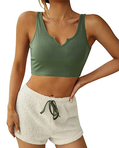 Women’s V Neck Crop Top Ribbed Knit Workout Tank Shirt Yoga Basic Summer Sleeveless Tops Army Green