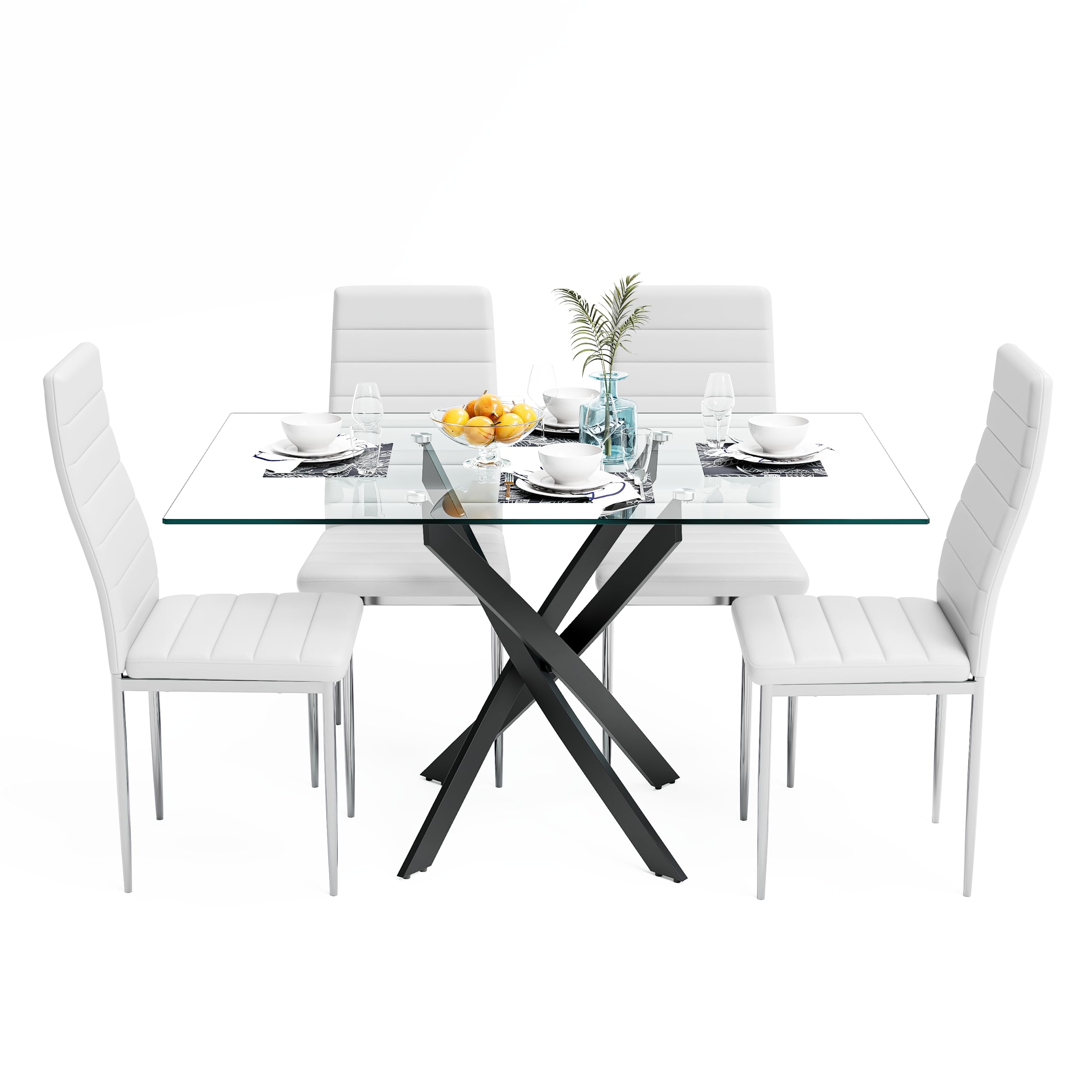 NIERN Glass Dining Table Set for 4, Modern 5-Piece Rectangular Kitchen Table Set with 4 upholstered Chairs for Kitchen Dining Room (Black Table with Black Velvet Chair)