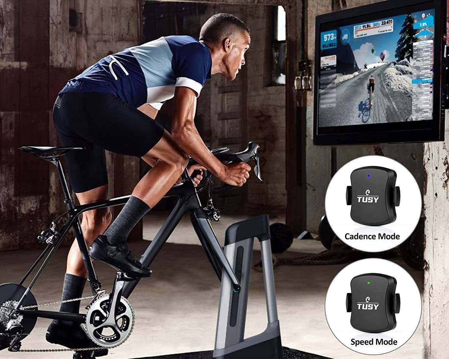 TUSY 2--in--1 Cycling Speed Sensor Cadence Sensor for Spin Bike, Bluetooth/ANT+ Magnetless Waterproof RPM Sensor for Exercise Bike