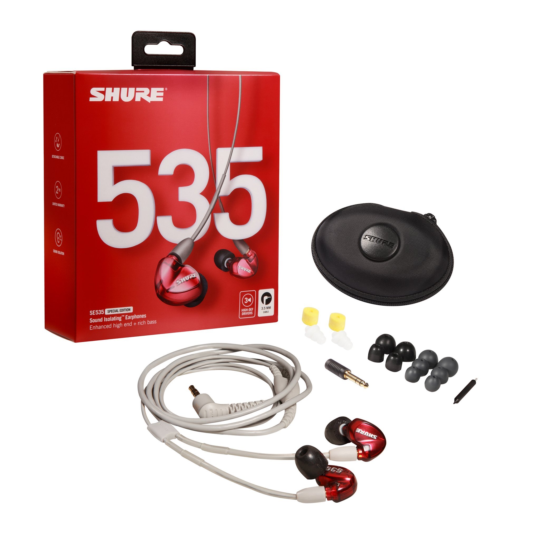 Shure SE535LTD In Ear Wireless Headphones, Red Detachable & Shure Universal Communication Cable For Detachable Se Sound Isolating Earphones, Black