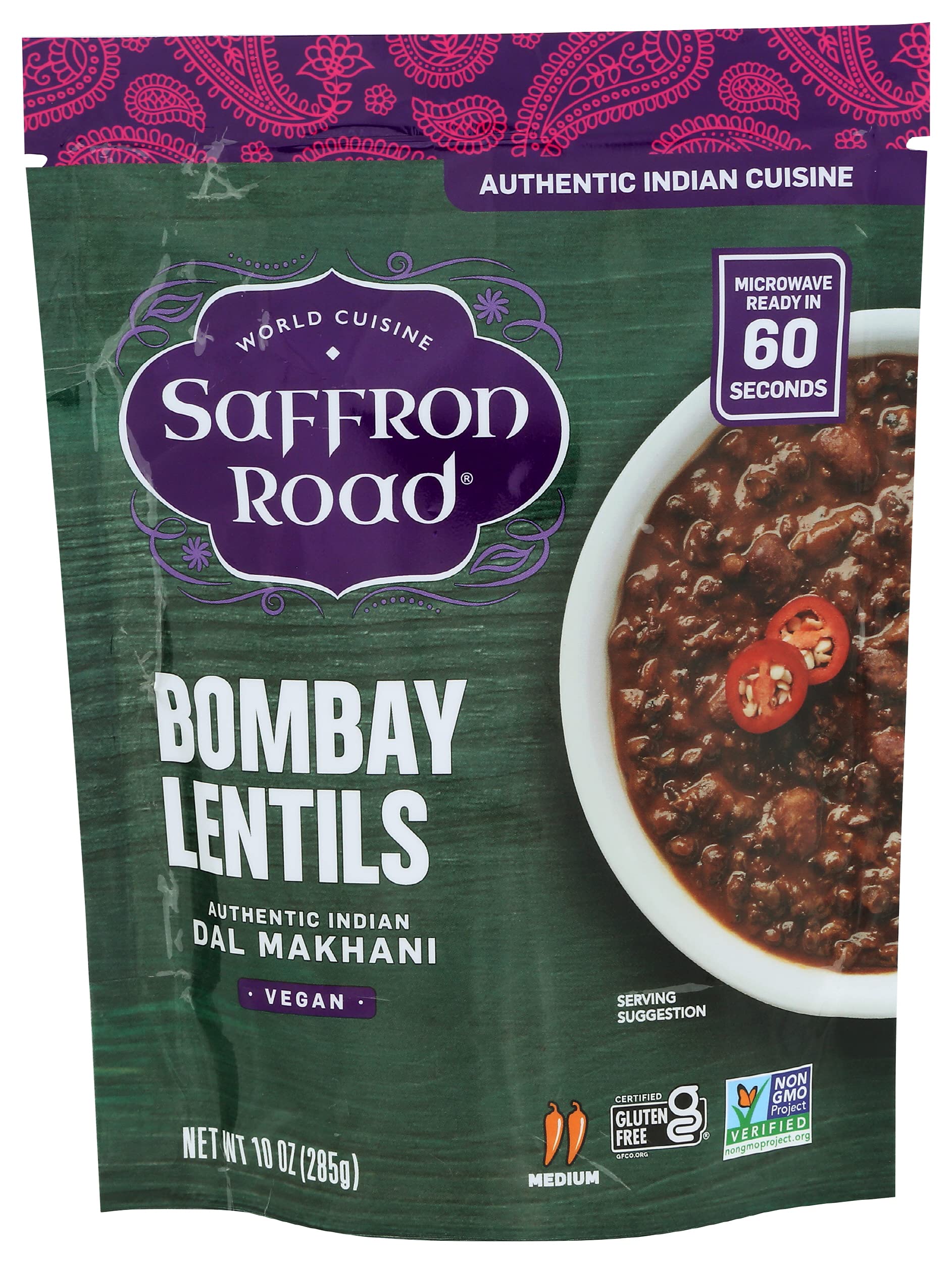 Saffron Road Bombay Lentils Meal Pouch, 10 oz - Vegan, Gluten Free, Non GMO, Halal, Kosher