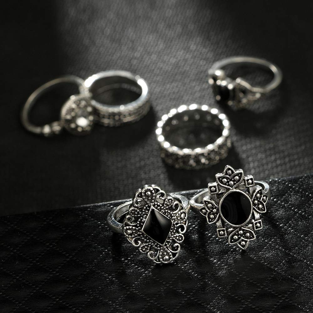Xerling 15Pcs Vintage Knuckle Ring Set Teardrop Lotus Flower Floral Ring Set Black Gemstone Ring Retro Jewelry Crown Sunflower Geometric Finger Stacking Rings